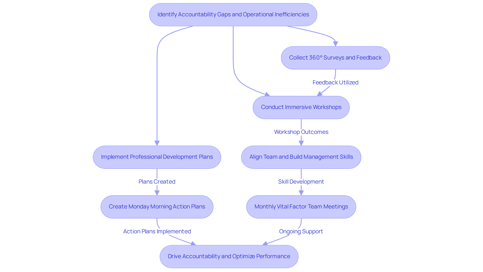 This flowchart shows the steps MAP takes to help leaders improve accountability and performance. Follow the arrows to see how each step leads to the next, starting from identifying gaps to implementing development plans.