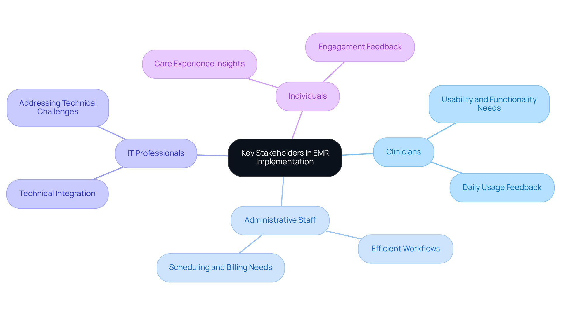 The center represents the main focus on stakeholder engagement. Each branch shows a different group of stakeholders involved in the EMR process, with their specific needs listed underneath. This helps visualize who is important and what they require for successful EMR implementation.