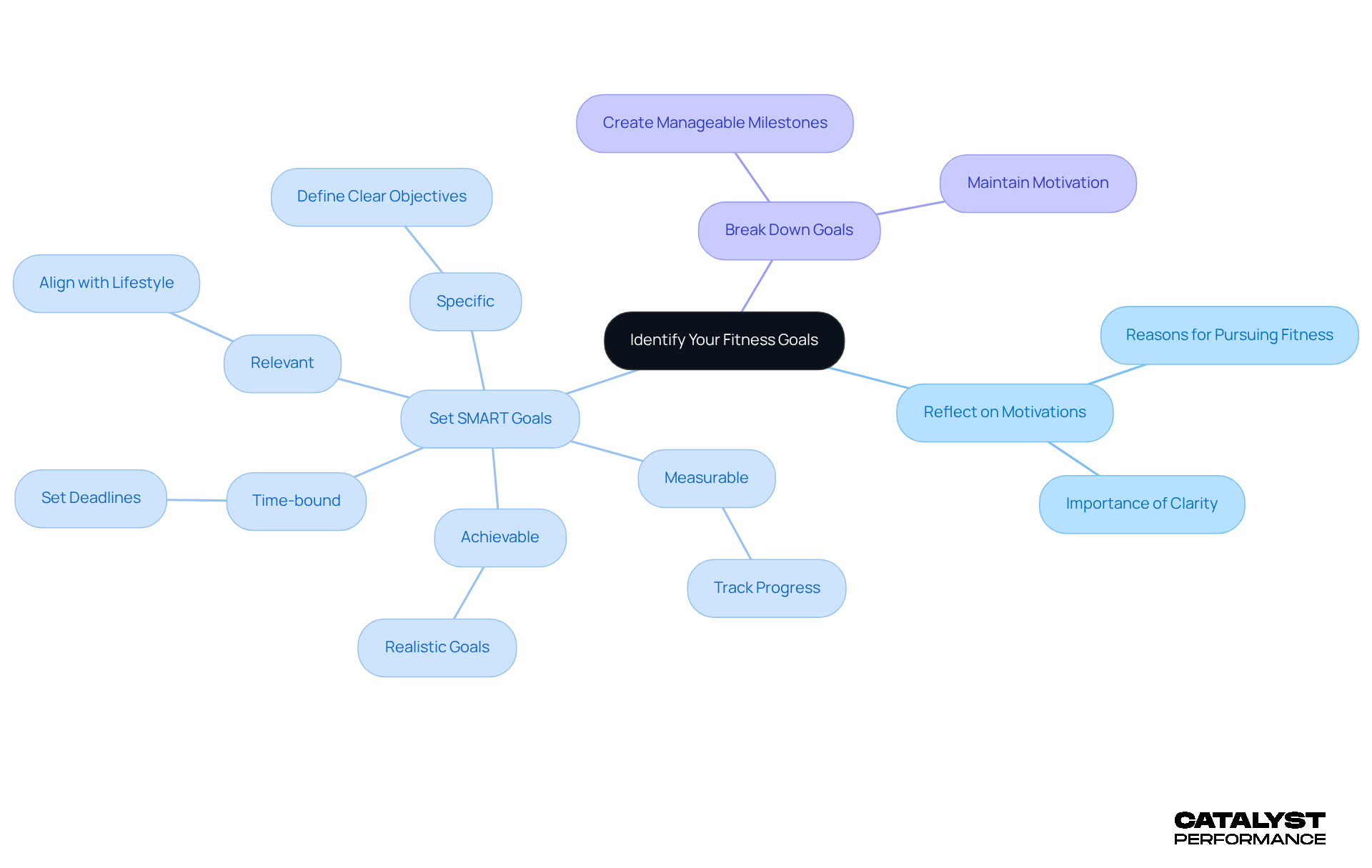 The center represents the main topic of fitness goals. Each branch shows a key area to focus on, and the sub-branches provide specific actions or criteria to consider. This layout helps you see how everything connects and supports your journey to better health.