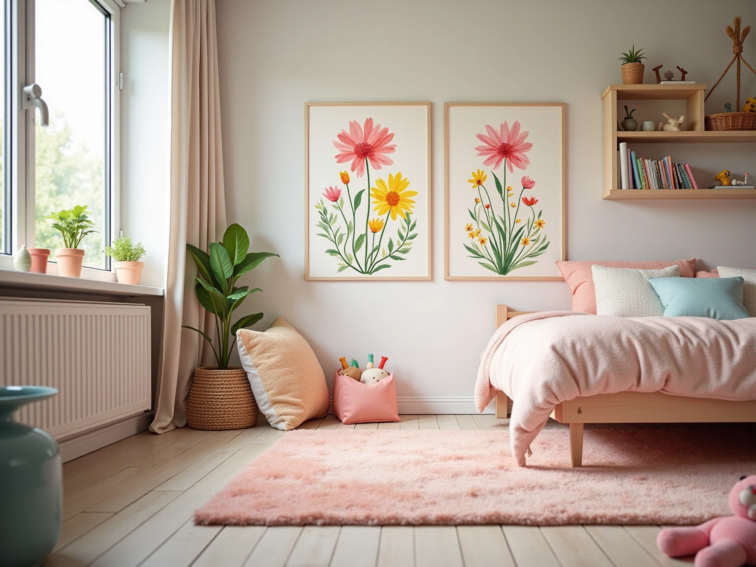 Vibrant Floral Watercolor Art in a Child's Room Vibrant Floral Watercolor Art in a Child's Room