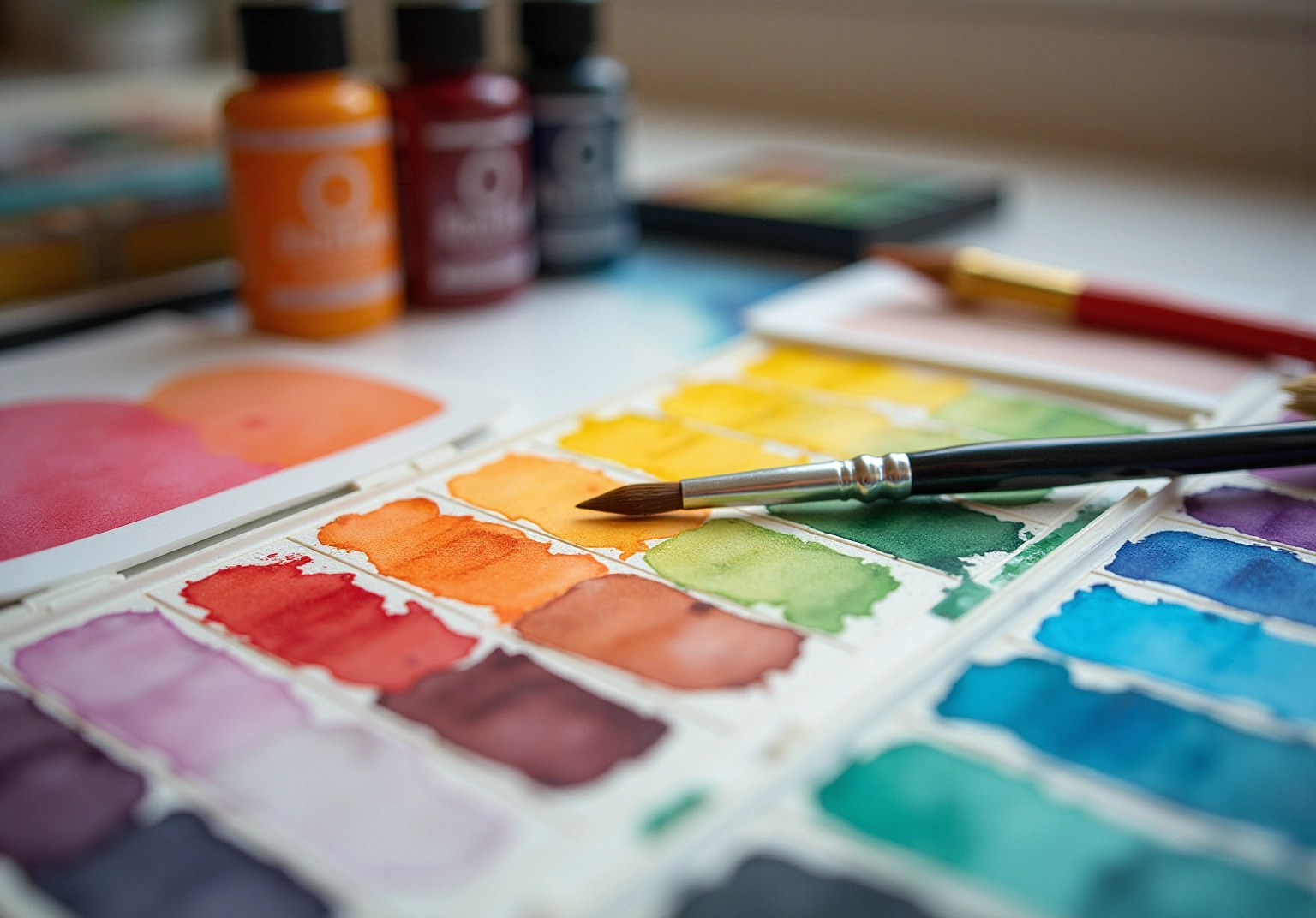 Vibrant M. Graham Watercolors in an Artistic Workspace Vibrant M. Graham Watercolors in an Artistic Workspace