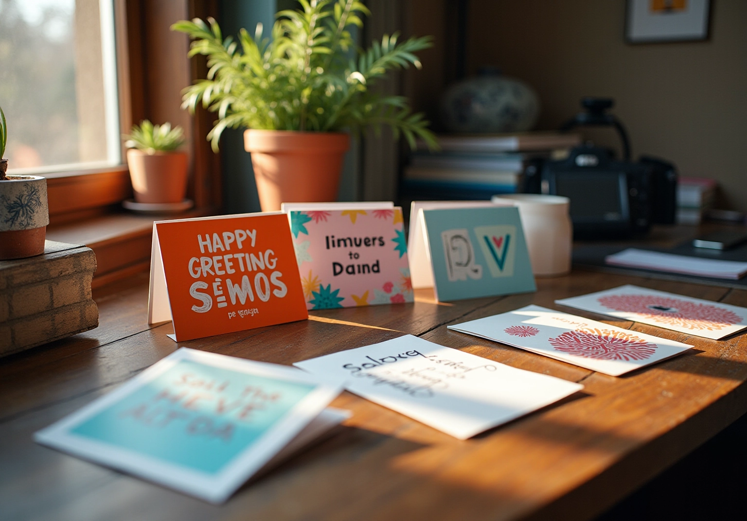 Vibrant POD Greeting Cards in a Creative Workspace