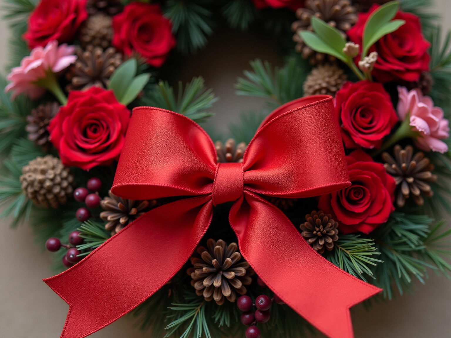 Vibrant Seasonal Wreath with Red Grosgrain Ribbon