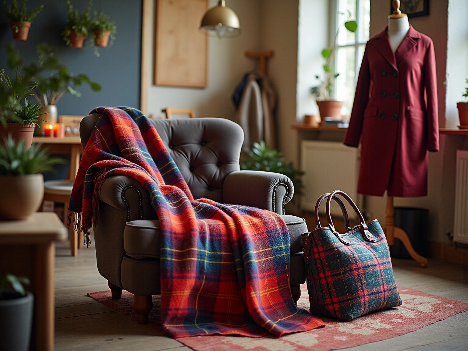 Vibrant Tartan Statement Pieces in a Cozy Crafting Space Vibrant Tartan Statement Pieces in a Cozy Crafting Space