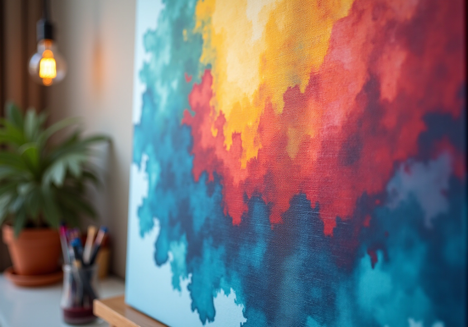 Vibrant Watercolor Canvas in Artistic Studio Vibrant Watercolor Canvas in Artistic Studio
