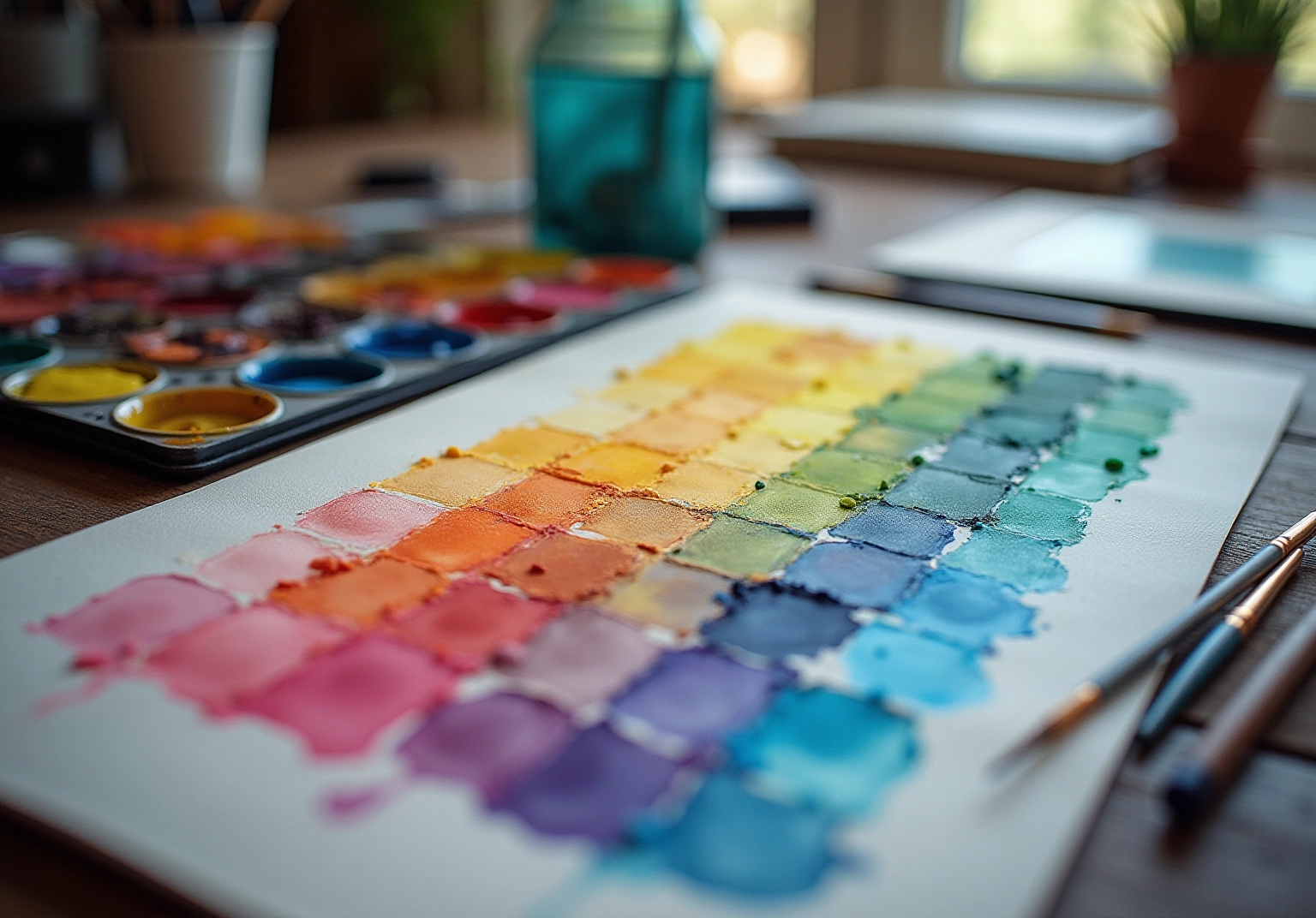 Vibrant Watercolor Paints in an Artist's Workspace Vibrant Watercolor Paints in an Artist's Workspace
