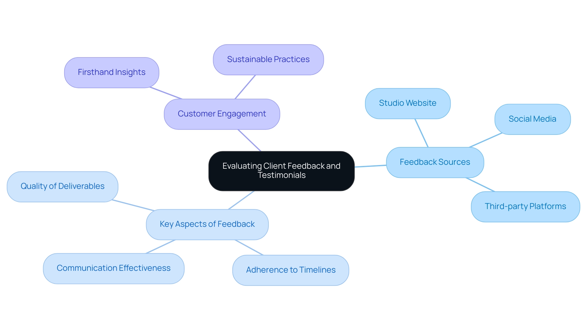 The central node represents the overall topic, with branches for feedback sources, evaluation criteria, and customer engagement, each color-coded for easy identification.