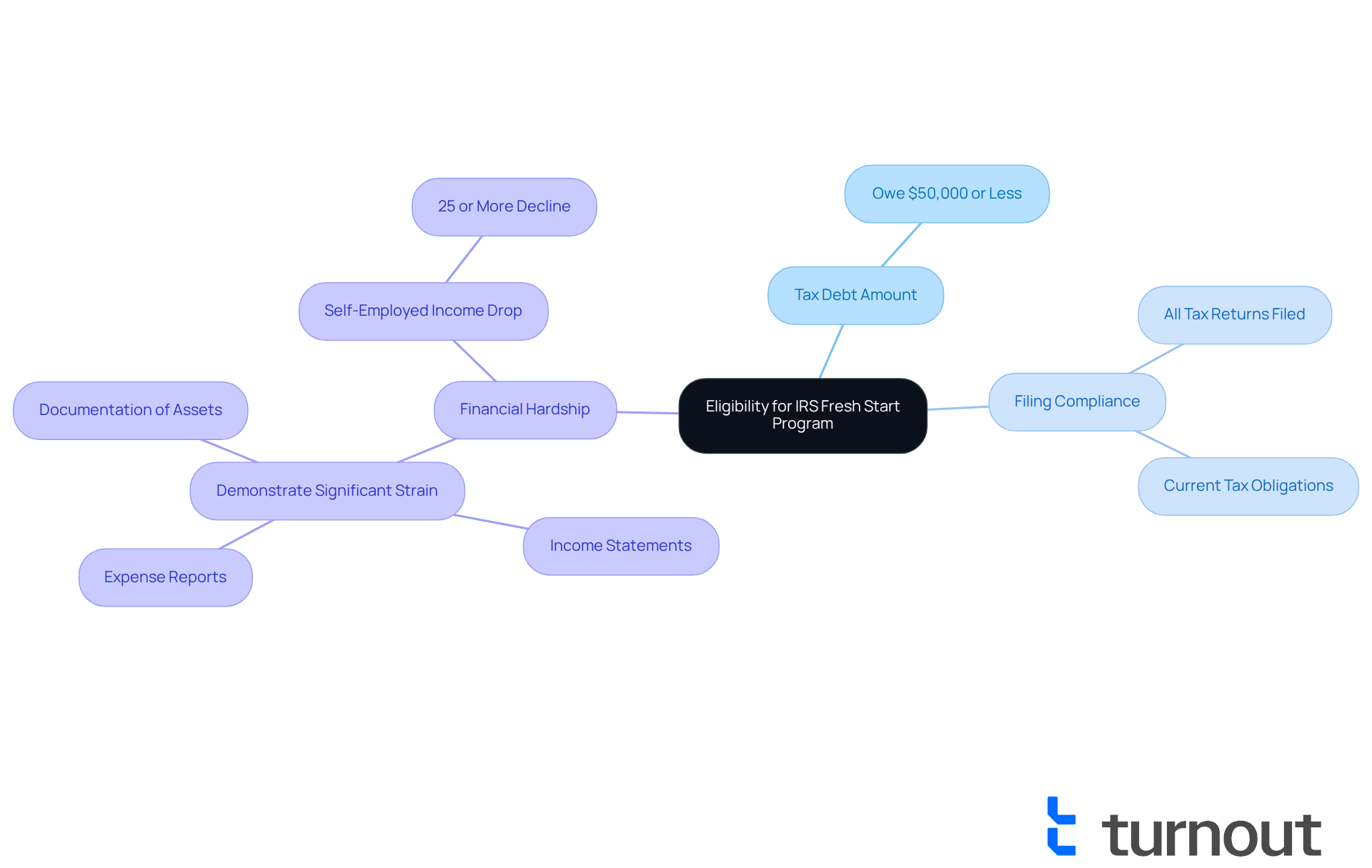 The central node represents the program's eligibility, while the branches show the specific requirements you need to meet. Each branch helps you understand what you need to qualify.