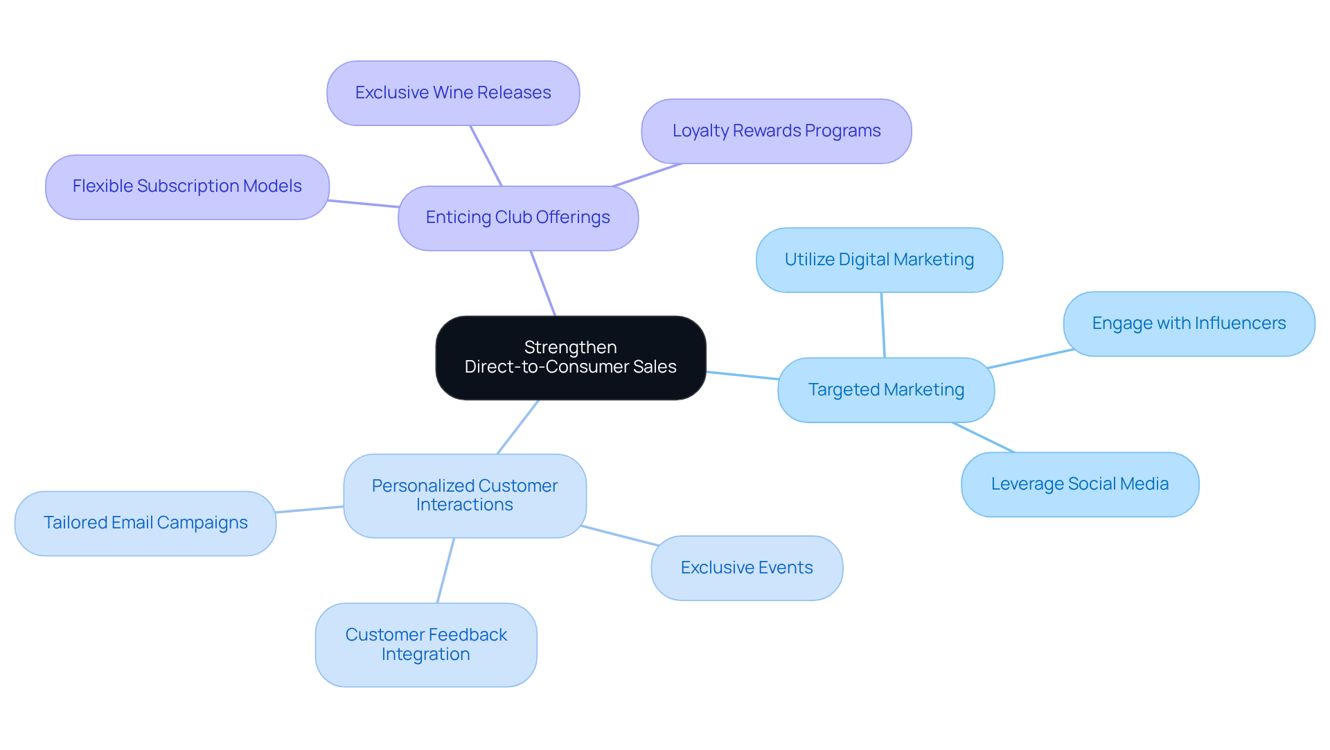 The central node shows the main goal of boosting winery revenue. Each branch represents a key strategy, and the sub-branches highlight actions or benefits that support that strategy. Follow the branches to understand how each strategy contributes to the overall objective.