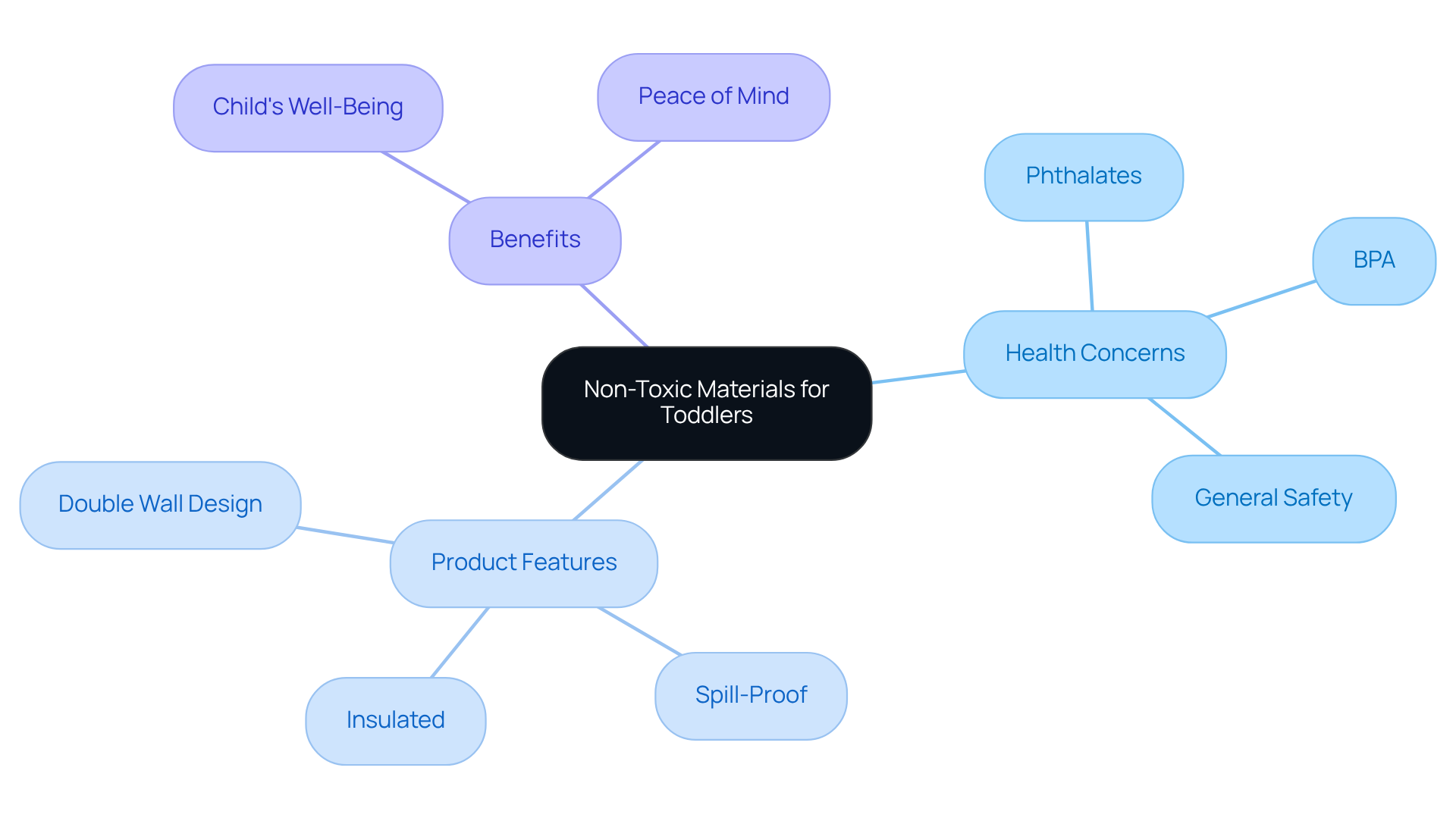 This mindmap shows how non-toxic materials relate to your child's safety. Start at the center with the main idea, then explore the branches to see health concerns, product features, and the benefits of choosing safe drinkware.