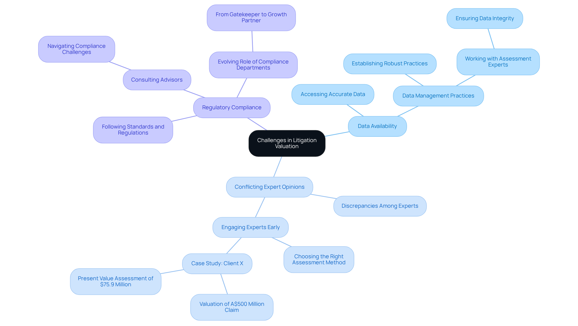 The central node represents the overall theme of litigation valuation challenges. Each branch highlights a specific challenge, and the sub-branches provide actionable insights or solutions related to that challenge. This structure helps you see how each issue connects and what steps can be taken to address them.