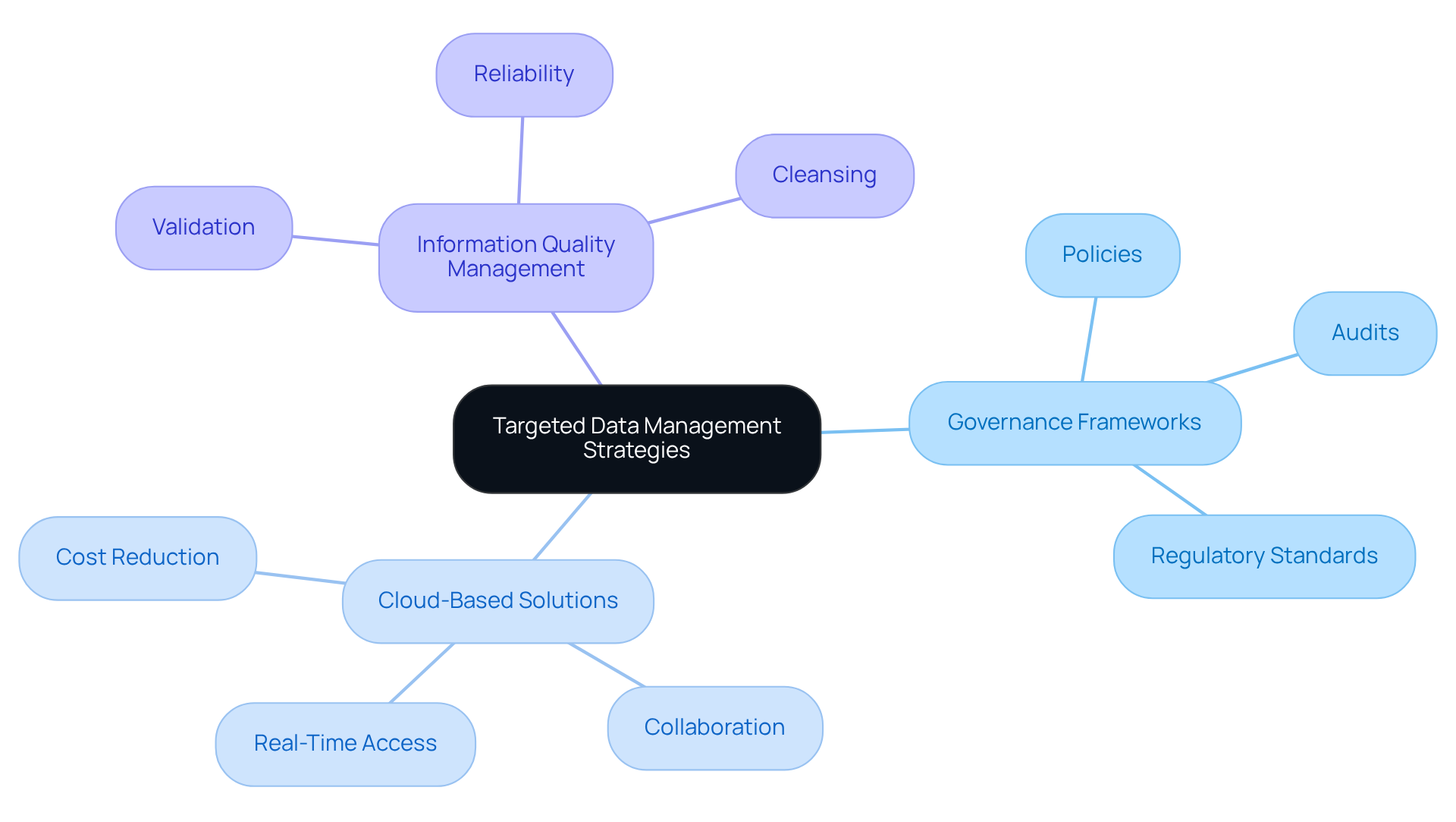 The central node represents the overall strategy, while the branches show key areas of focus. Each sub-node provides specific actions or considerations within those areas.