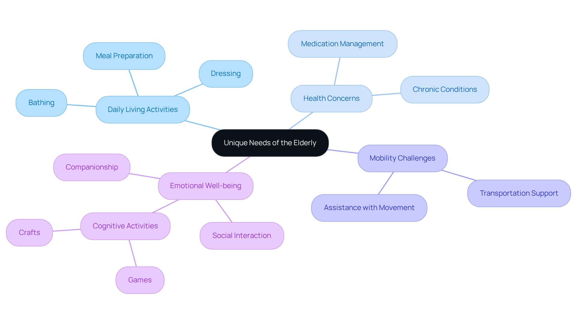 The center of the mindmap highlights the main theme, while each branch represents a critical area of focus for elder support — follow the connections to see how various elements support seniors' well-being.