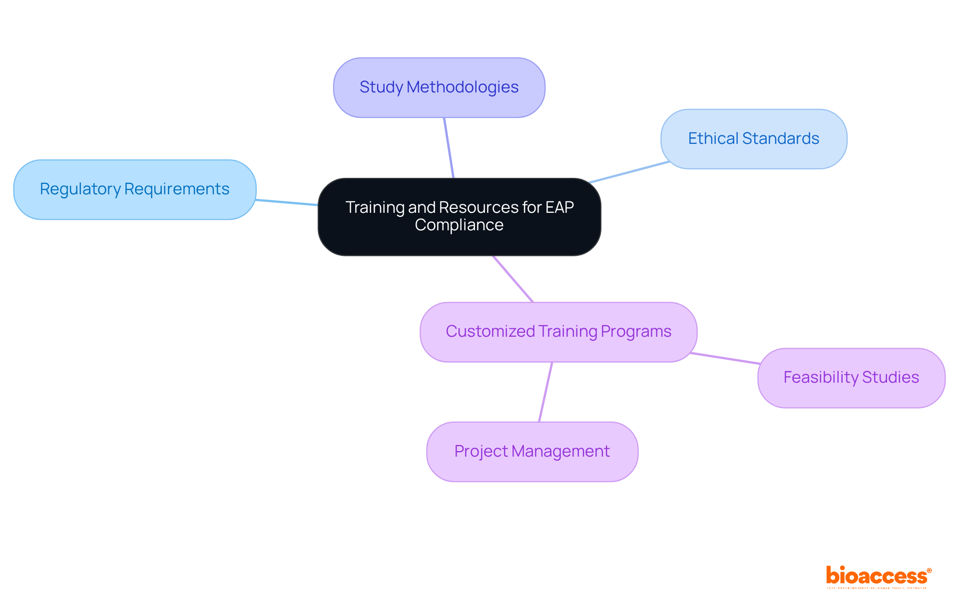 The central node represents the main focus on training and resources, while the branches show the different aspects that contribute to compliance. Each color-coded branch helps you see how these elements connect and support the overall goal.
