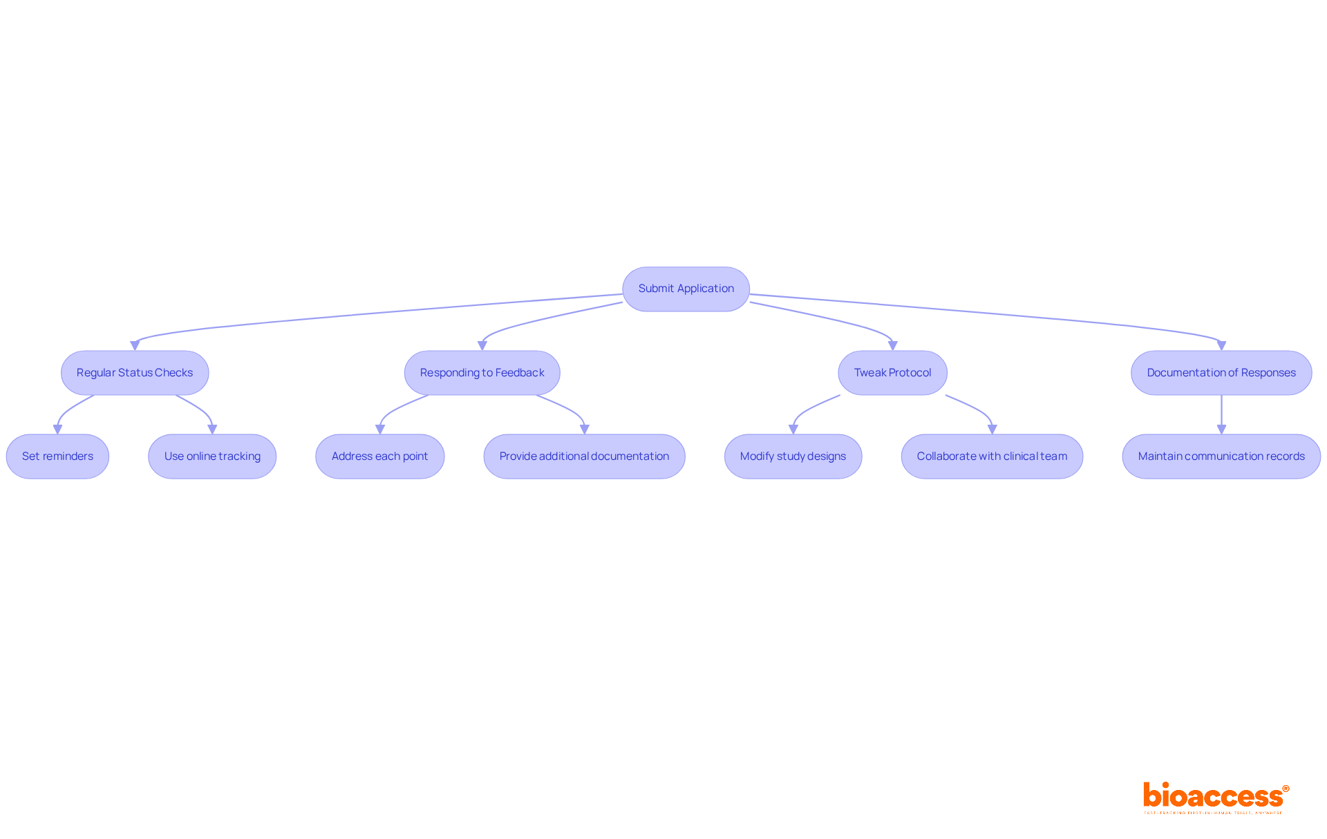 This flowchart guides you through the steps after submitting your application. Each box represents a key action to take, and the arrows show the order in which to perform them. Follow the flow to ensure you stay on track and respond effectively to regulatory feedback.
