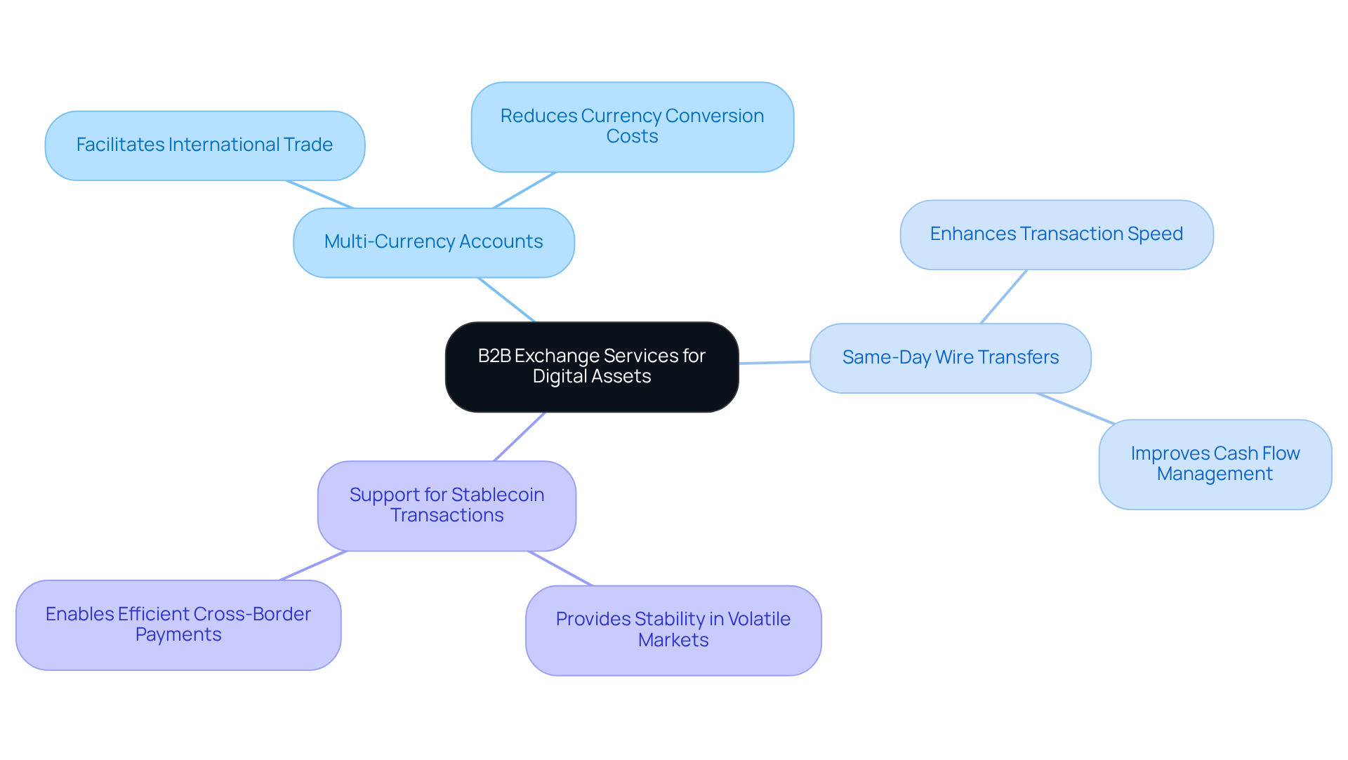 The central node represents the main service, while the branches show the key features that make it effective for businesses. Each feature is a vital part of the overall service, helping companies manage their digital asset transactions.