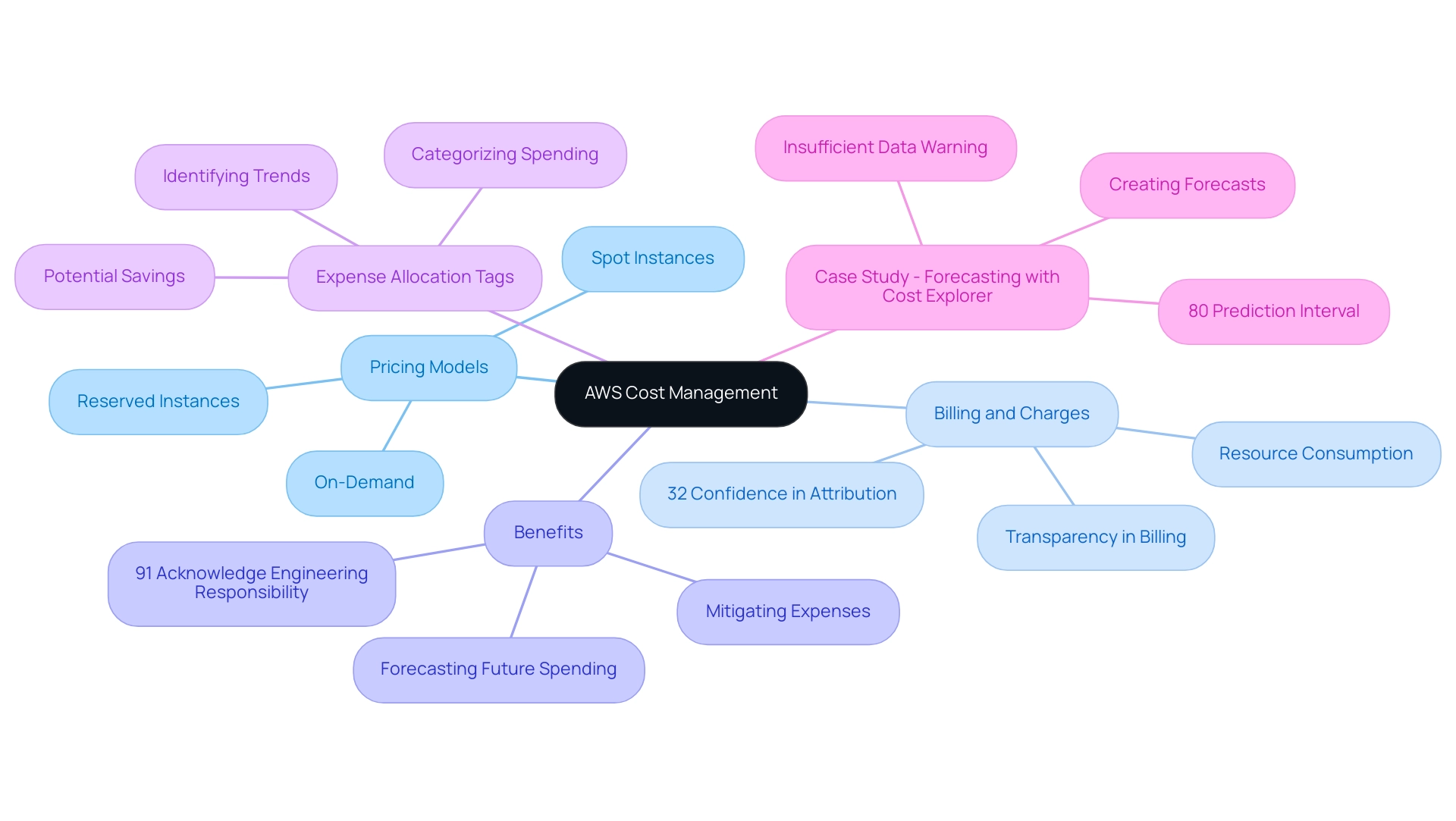 Each branch represents a key concept in AWS cost management, with distinct colors indicating different categories of information.