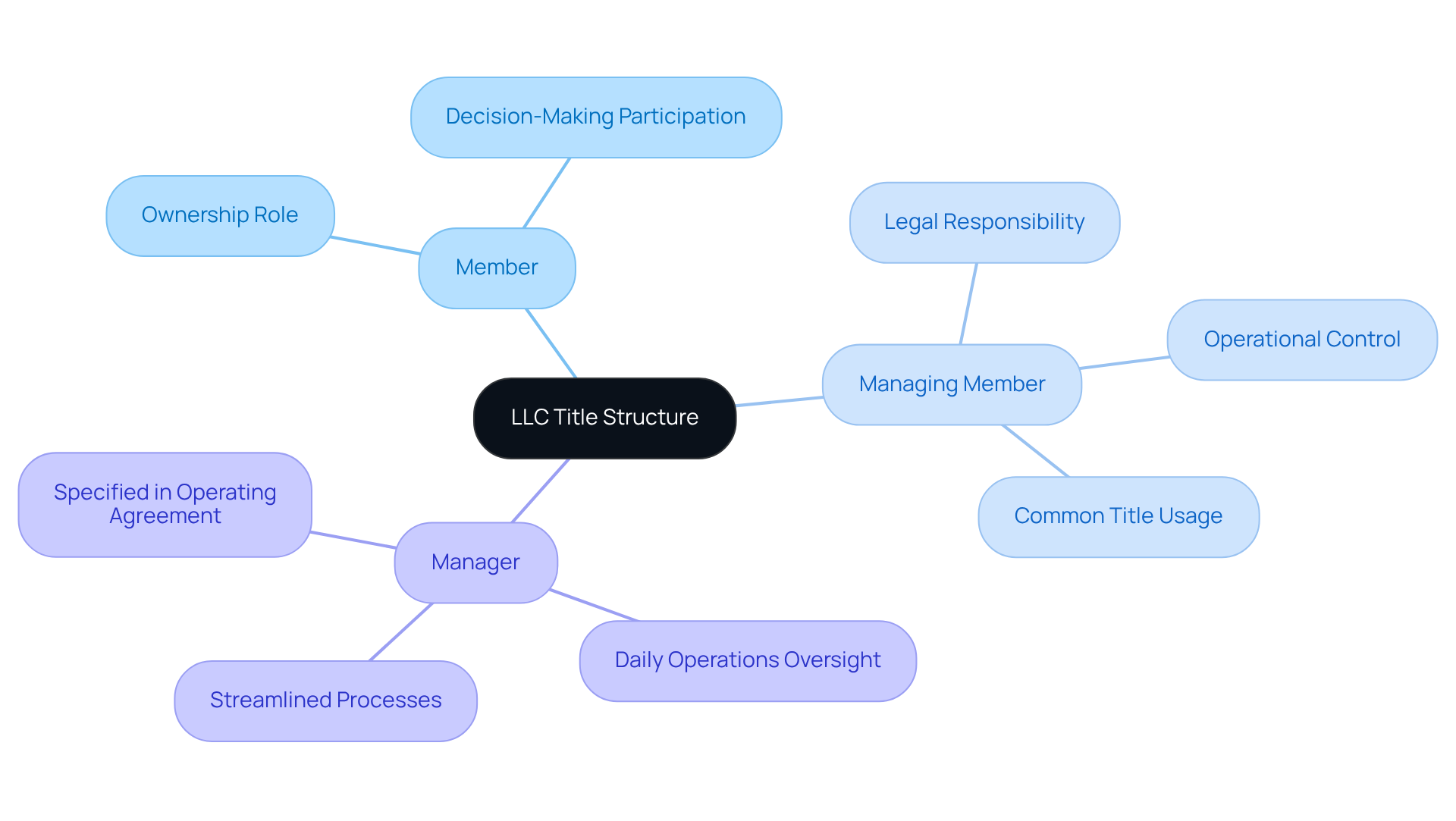 The central node represents the overall structure of the LLC, while the branches show the different roles and their responsibilities. Each color-coded branch helps you understand how each position fits into the organization. The central node represents the overall structure of the LLC, while the branches show the different roles and their responsibilities. Each color-coded branch helps you understand how each position fits into the organization.