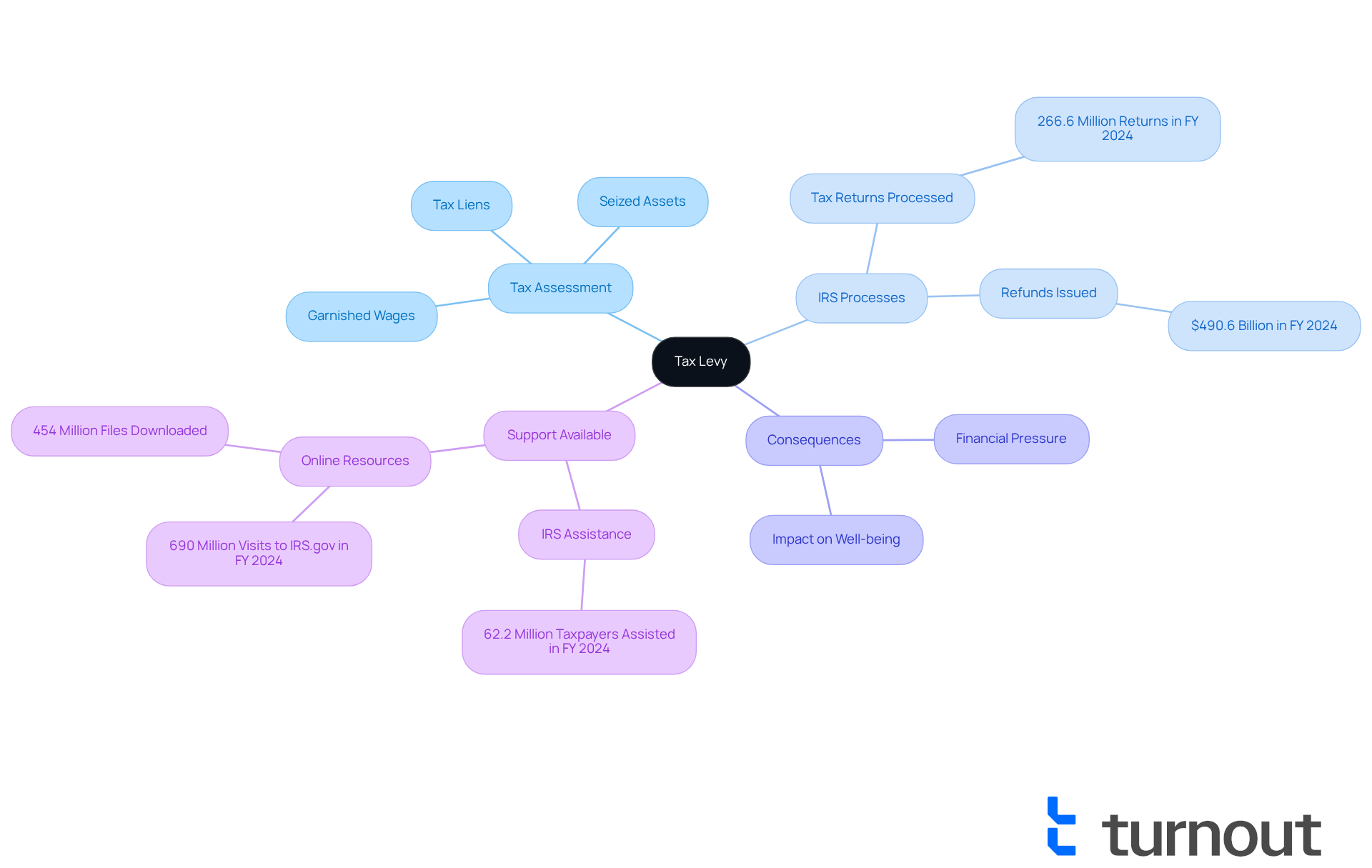 The central idea is the 'Tax Levy', with branches representing different aspects like assessments and IRS actions. Each sub-branch provides specific details that help clarify the overall topic.