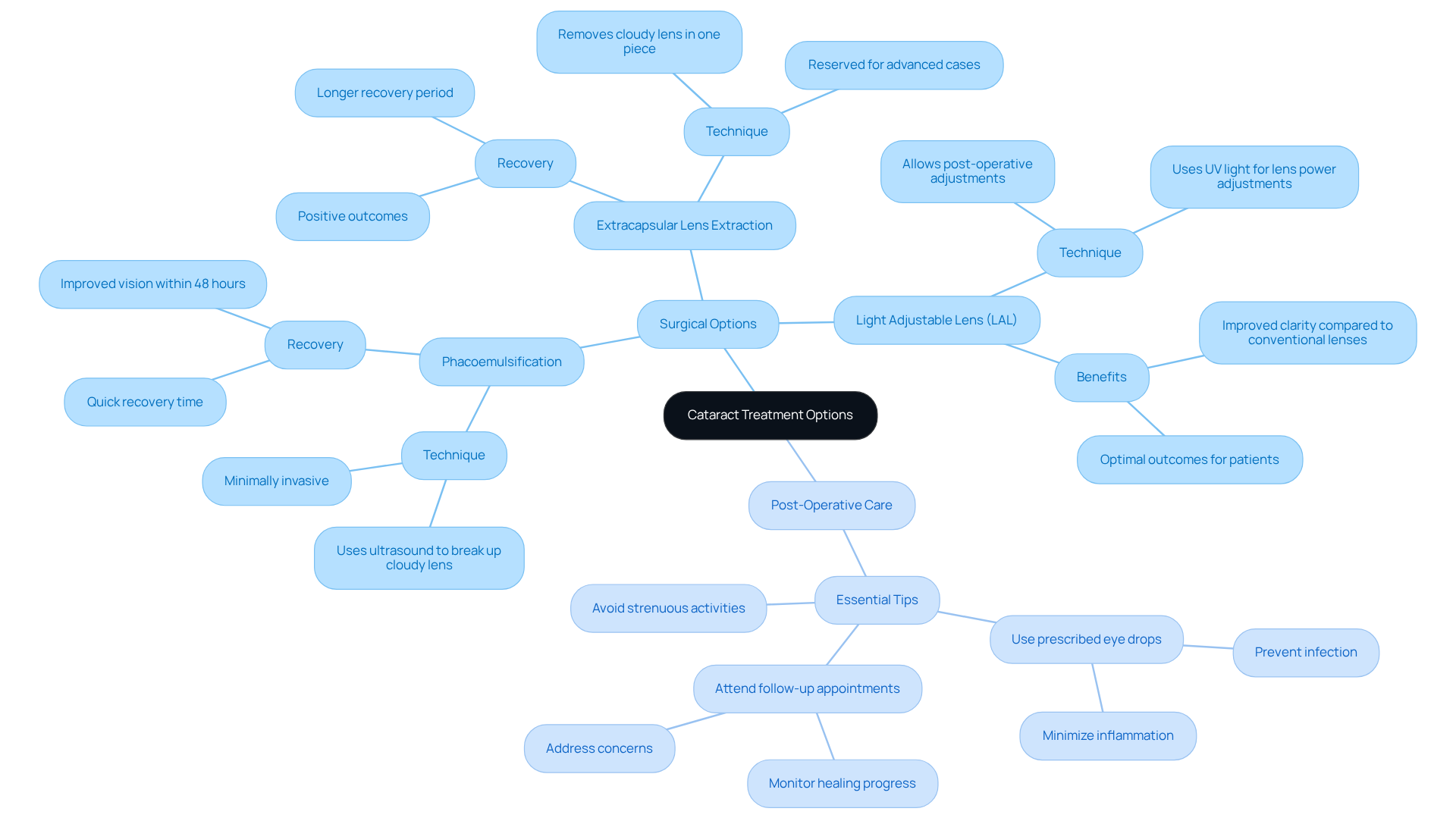 The mindmap starts with the main topic at the center, branching out into treatment options and care guidelines. Each branch provides specific information to help you understand your choices and care needs.