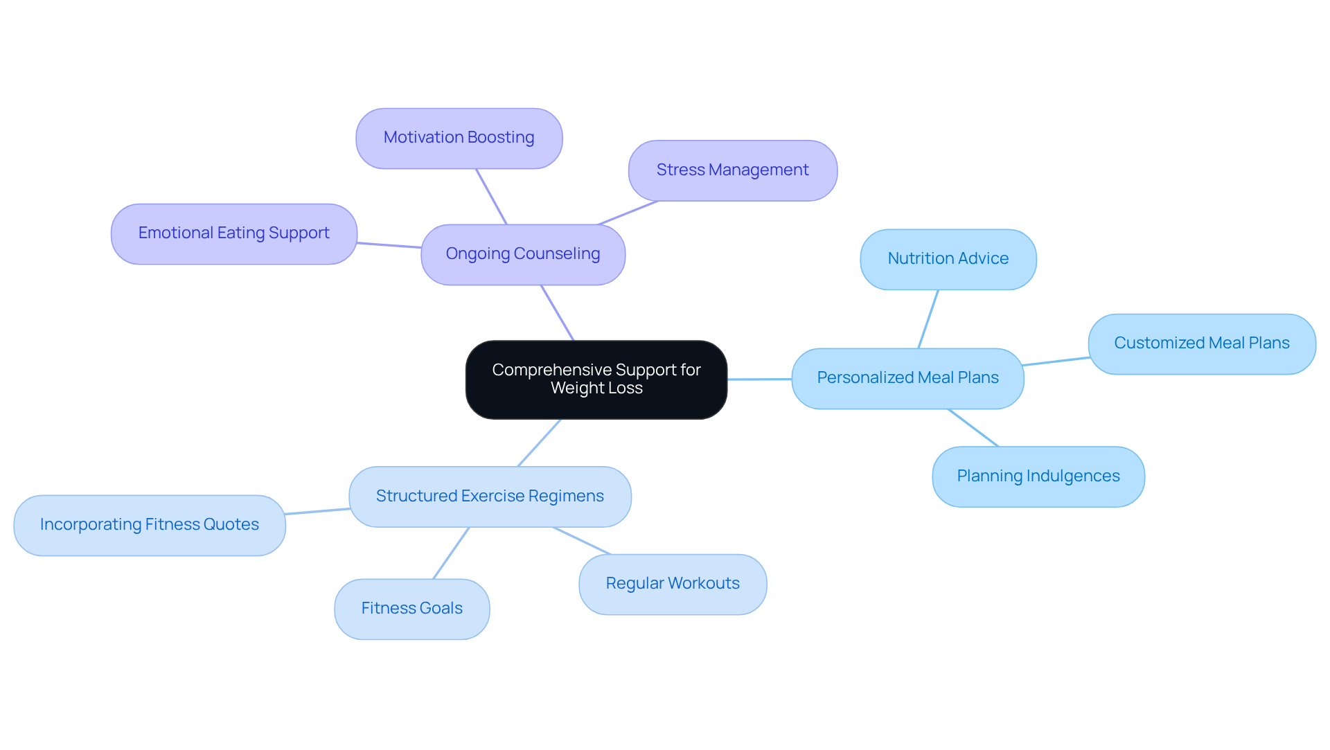 The center represents the overall support system, while the branches show the different types of assistance available. Each branch highlights how these elements work together to help individuals achieve their weight loss goals.