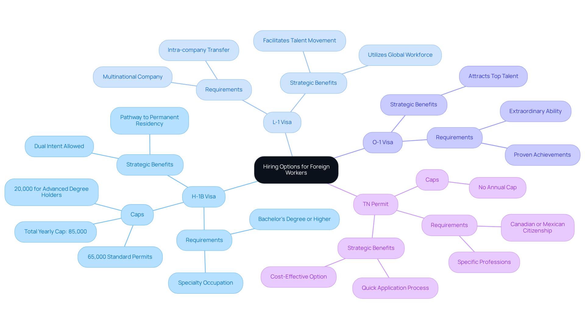 The central node represents the overall topic of hiring foreign workers. Each branch represents a specific visa category, and the sub-branches provide important details about each visa, such as requirements and benefits. This layout helps you see all your options at a glance.