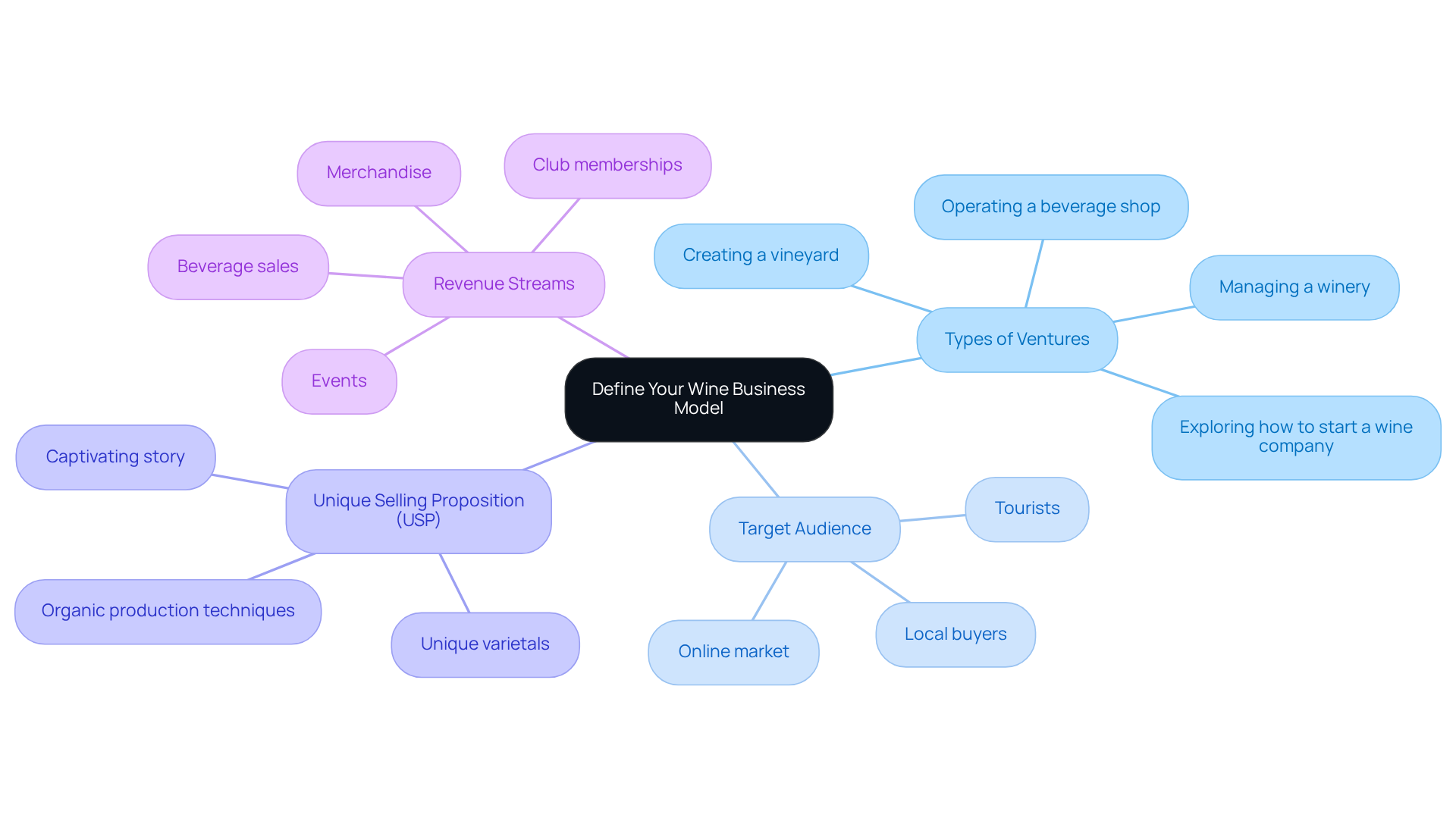 The central idea is the wine business model, with branches showing different areas of focus. Each color-coded branch helps you quickly identify types of ventures, target markets, unique strategies, and revenue options.