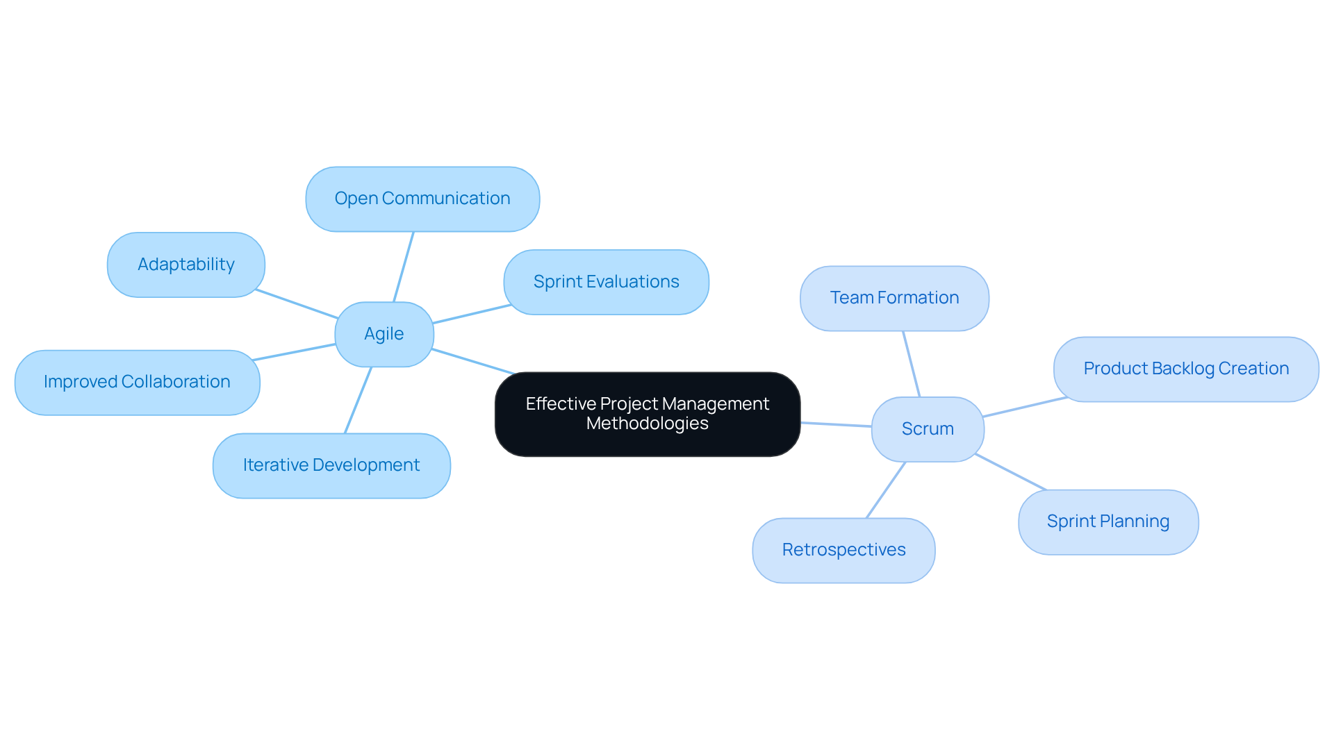 The center represents the main topic of project management methodologies. Each branch shows a specific methodology or practice, illustrating how they contribute to successful software development. The center represents the main topic of project management methodologies. Each branch shows a specific methodology or practice, illustrating how they contribute to successful software development.