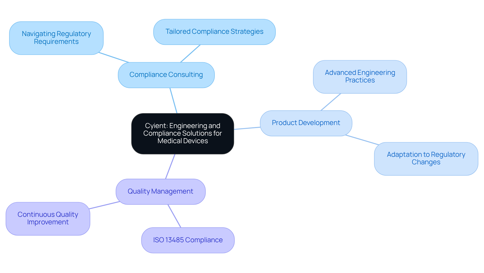 The center represents Cyient's focus on compliance solutions, while the branches show the specific services they offer. Each service is connected to the main theme, illustrating how they contribute to effective regulatory management. The center represents Cyient's focus on compliance solutions, while the branches show the specific services they offer. Each service is connected to the main theme, illustrating how they contribute to effective regulatory management.