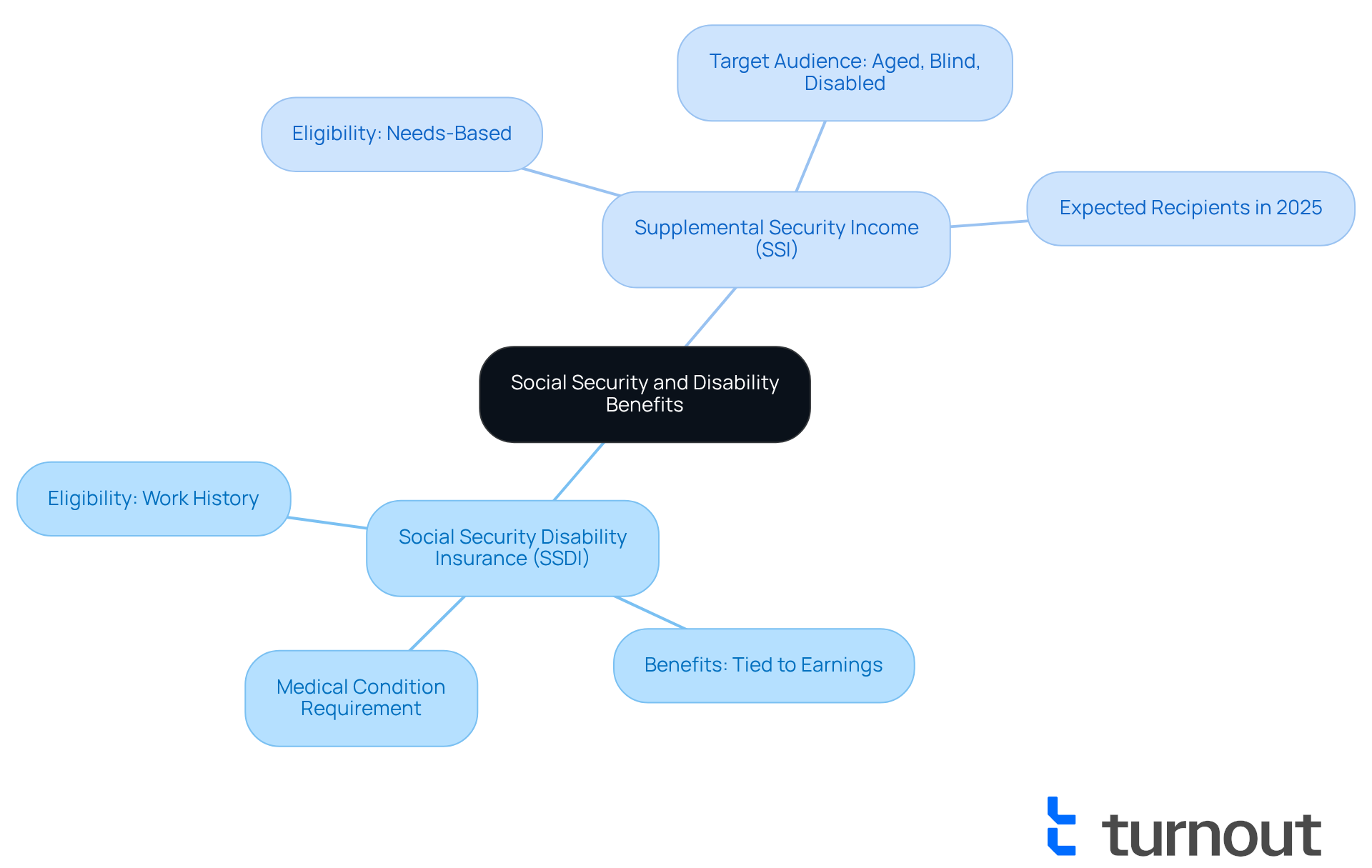 The central node represents the overall topic, while the branches show the two main programs. Each sub-branch provides specific details about eligibility and benefits, helping you understand how these programs differ and who they serve.