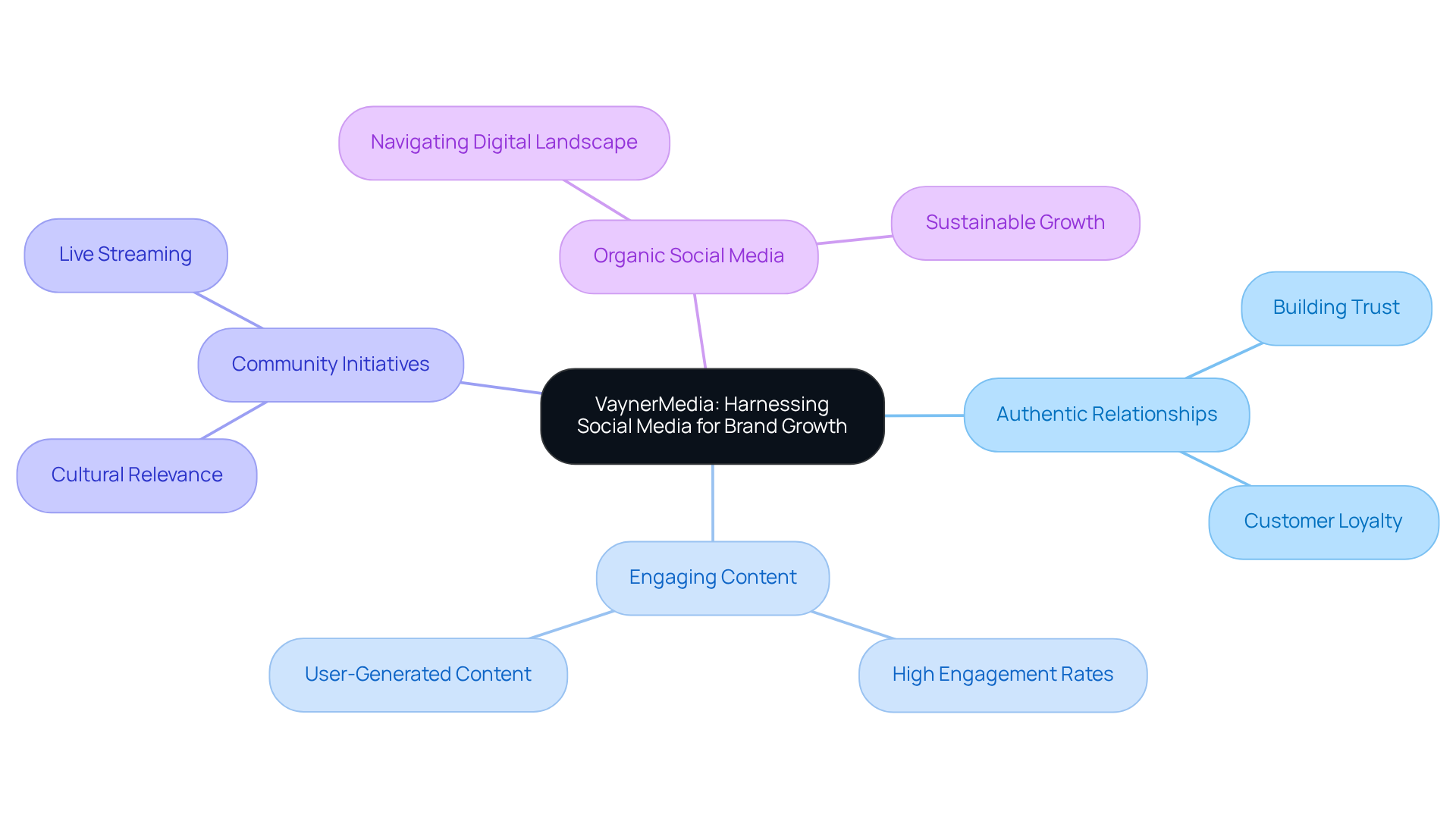 The central theme represents VaynerMedia's focus, while each branch illustrates the strategies they utilize to foster customer connections and drive growth.