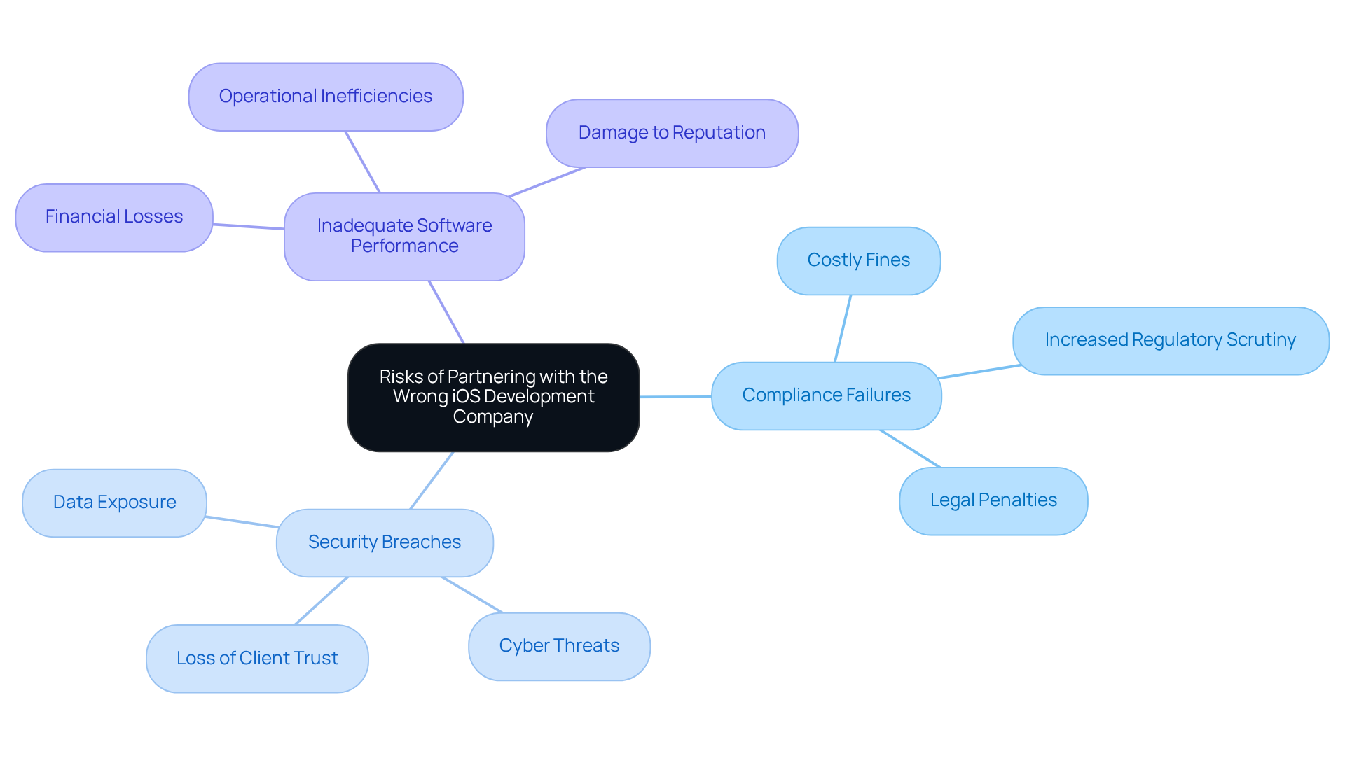 The central node represents the main risk, while the branches show different types of consequences. Each sub-branch provides specific examples of what can happen if the wrong company is chosen.