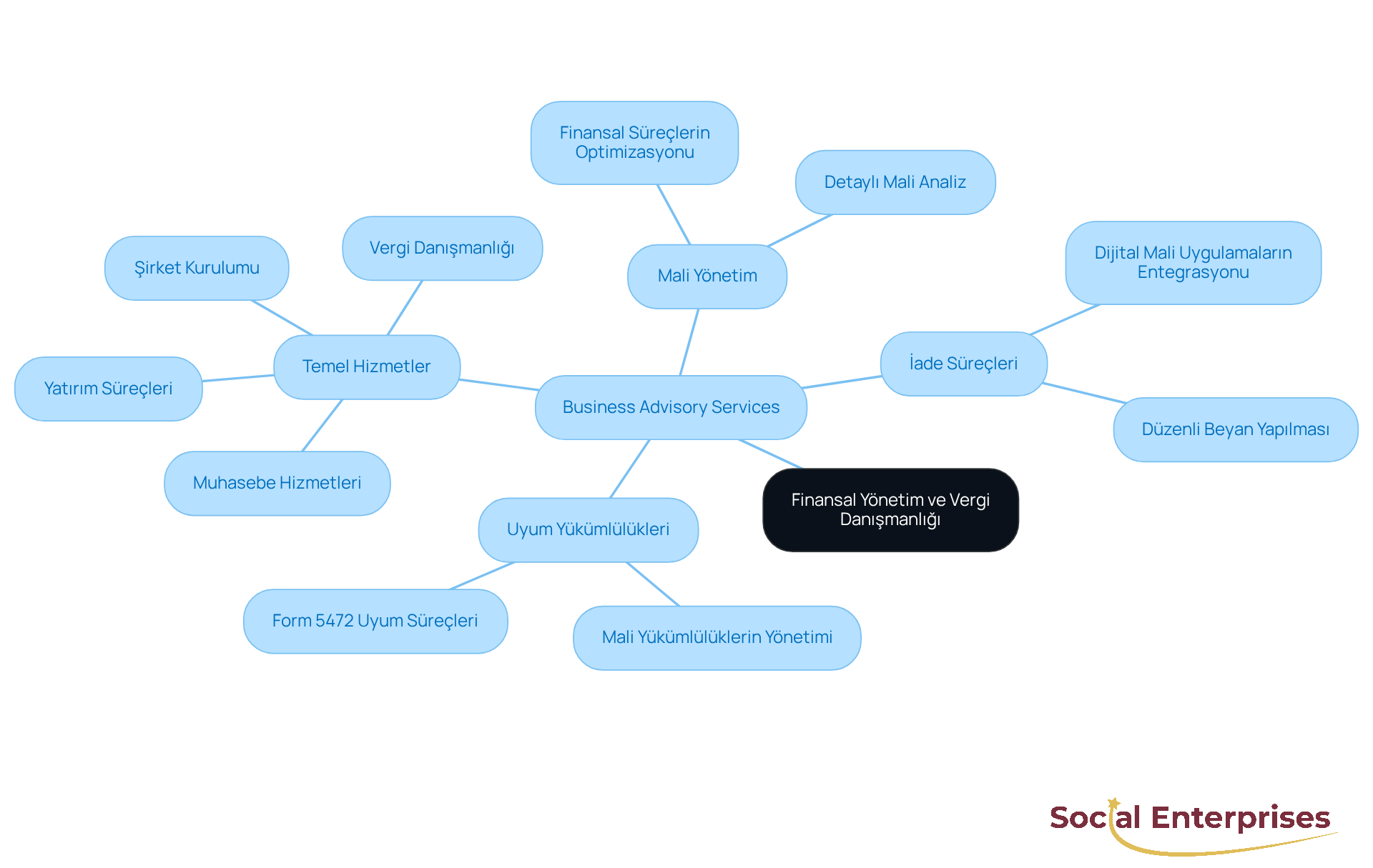 Orta kısımda ana başlığı göreceksiniz. Dallar ise hizmetler ve stratejiler hakkında bilgi veriyor. Her dal, belirli bir konuyu temsil ediyor ve altında o konuyla ilgili detaylar yer alıyor.