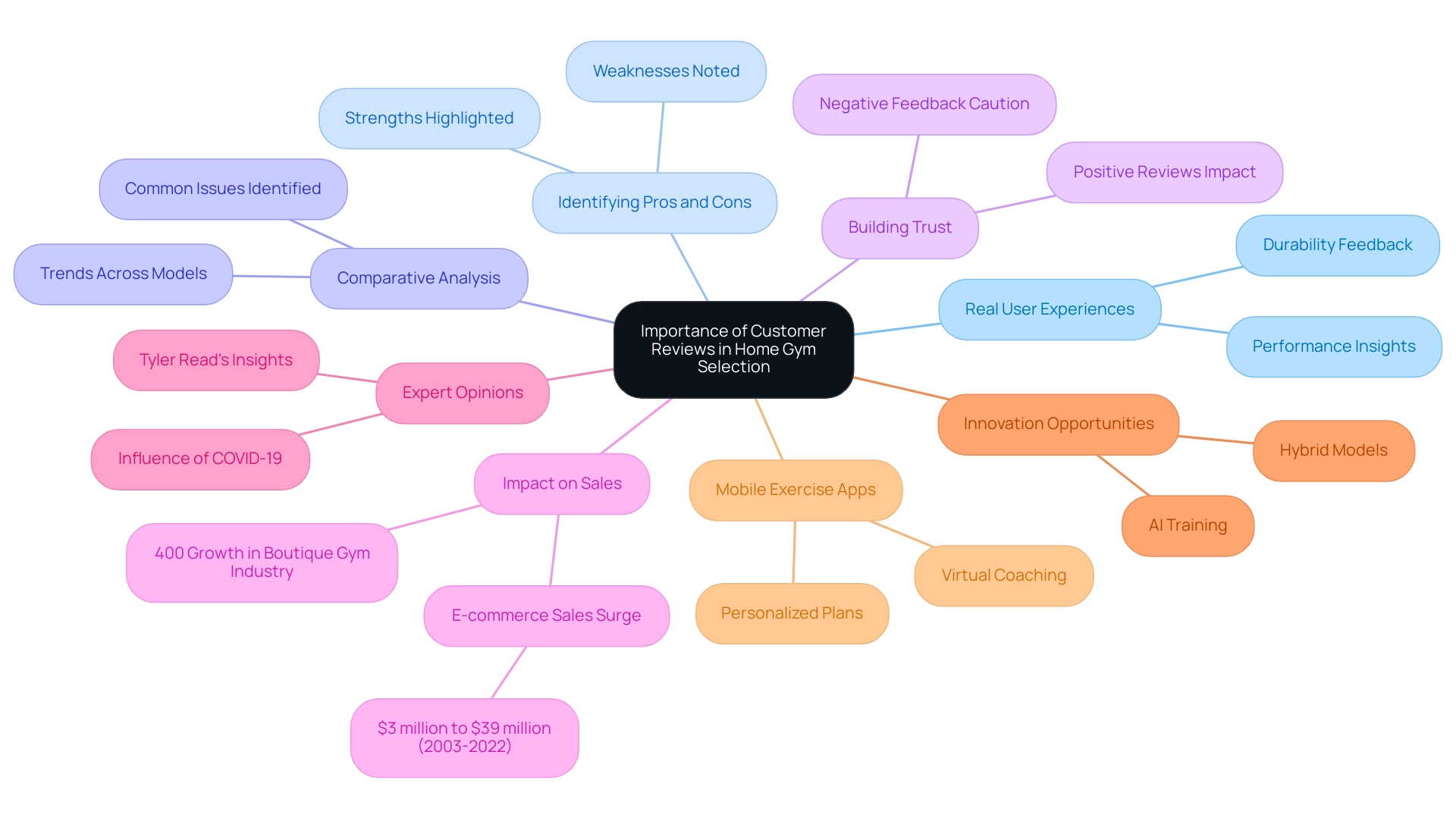 Each branch represents a key aspect of customer reviews, with colors indicating different thematic areas related to consumer decisions and market trends.