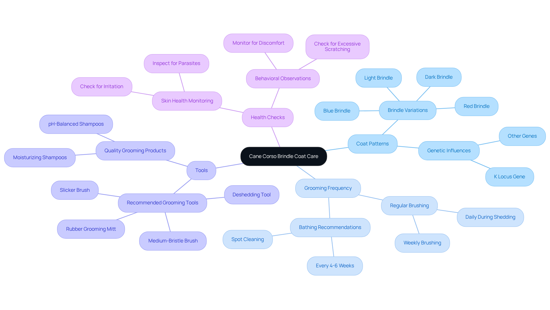 The center shows the overall care for Cane Corso brindle coats, with branches representing different aspects of grooming and health. Follow the branches to see how each topic relates to maintaining a happy and healthy pet.