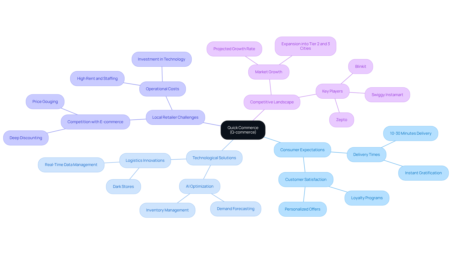 The central node represents Quick Commerce, with branches showing related themes. Each branch highlights important aspects that local retailers need to consider to thrive in the evolving market.