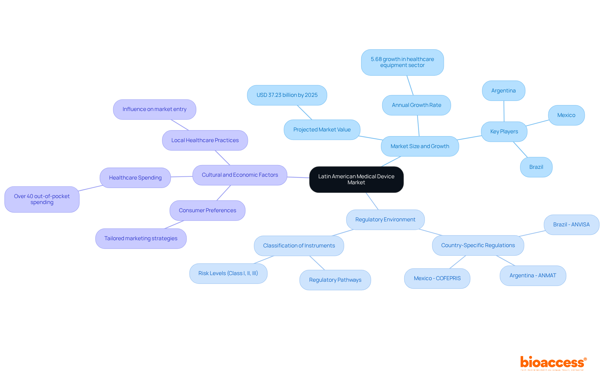 The central node represents the overall market, while the branches show different aspects that influence it. Each sub-branch provides more detailed information, helping you understand how these elements connect and impact market entry strategies.