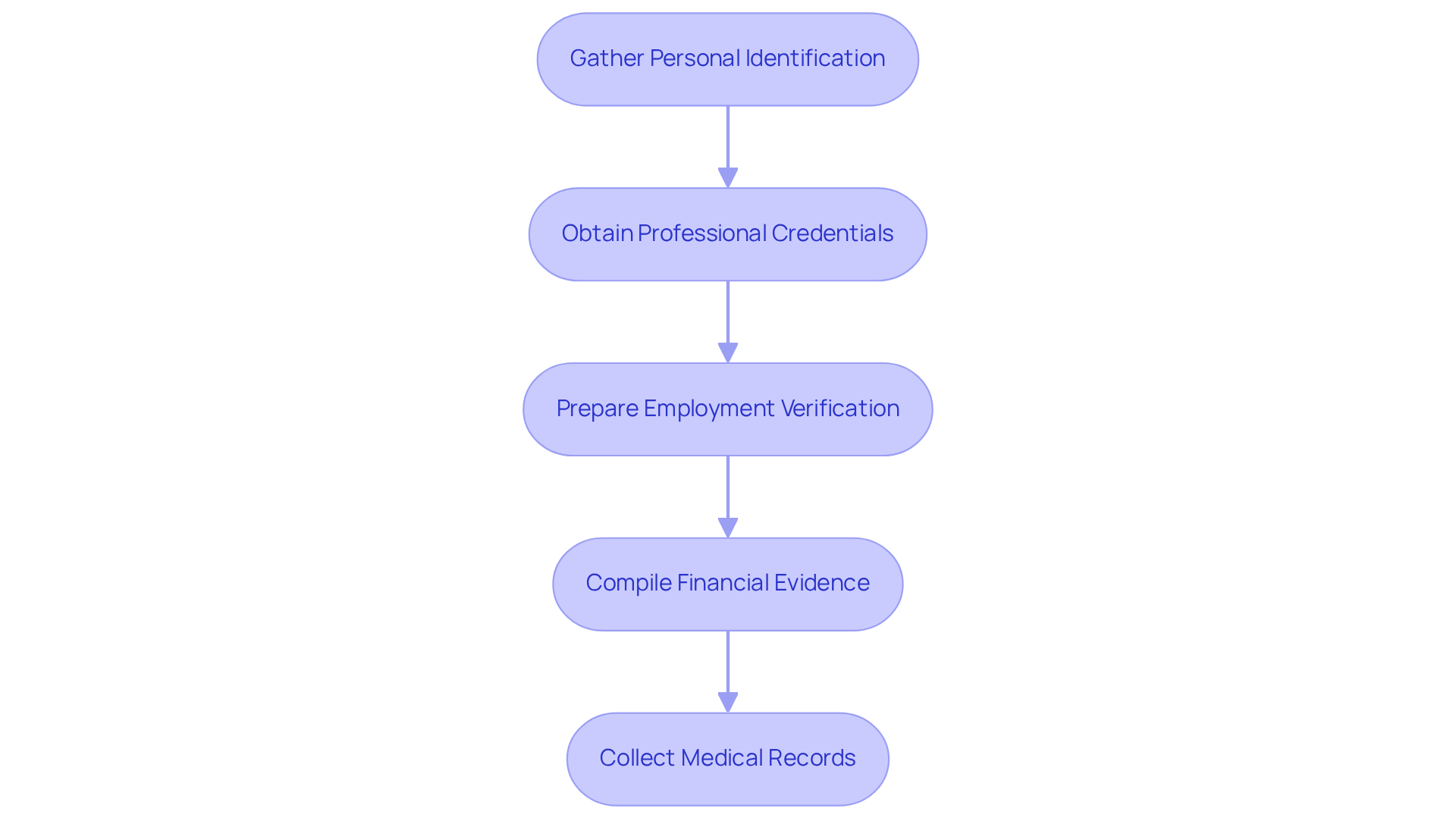 Each box represents a step you need to take to prepare your immigration documents. Follow the arrows to see the order in which you should complete these tasks.