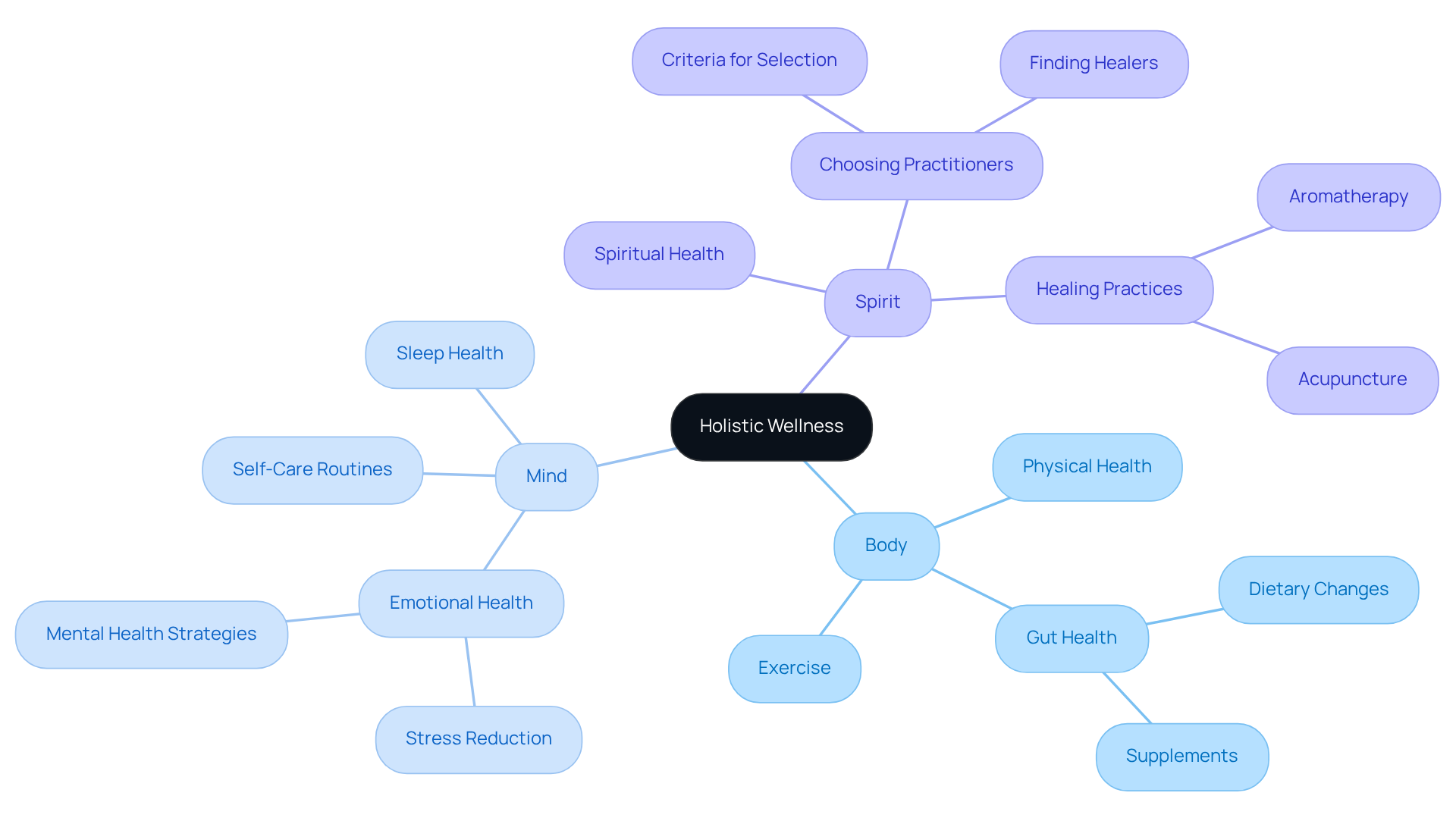The center represents holistic wellness, with branches showing the key areas of focus. Each sub-branch highlights specific aspects or questions related to that area, helping you see how everything connects.