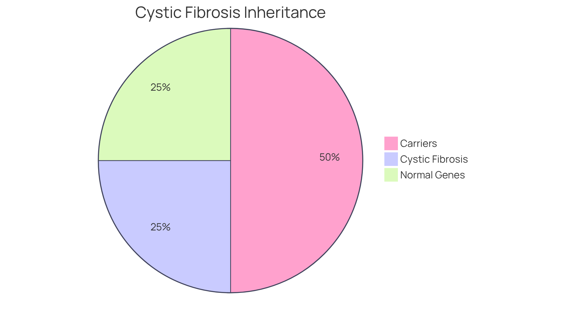 This chart shows the chances of different genetic outcomes for children of two cystic fibrosis carriers. The blue slice represents the 25% chance of having cystic fibrosis, the green slice shows the 50% chance of being a carrier, and the orange slice indicates the 25% chance of having two normal genes.