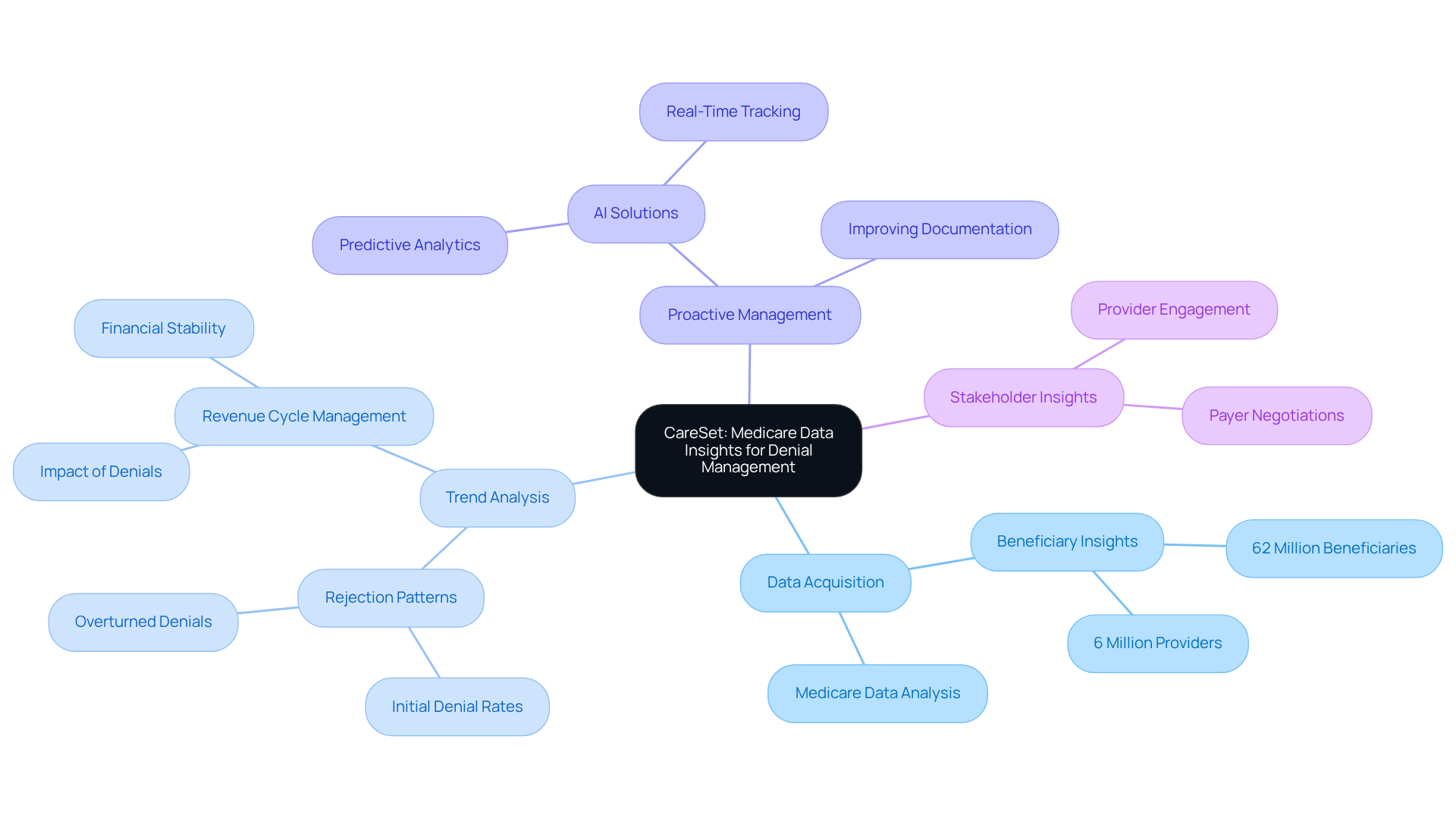 The central node represents CareSet's focus, while the branches show how Medicare data informs various aspects of denial management and healthcare business success. Each branch connects important insights that contribute to improved outcomes.