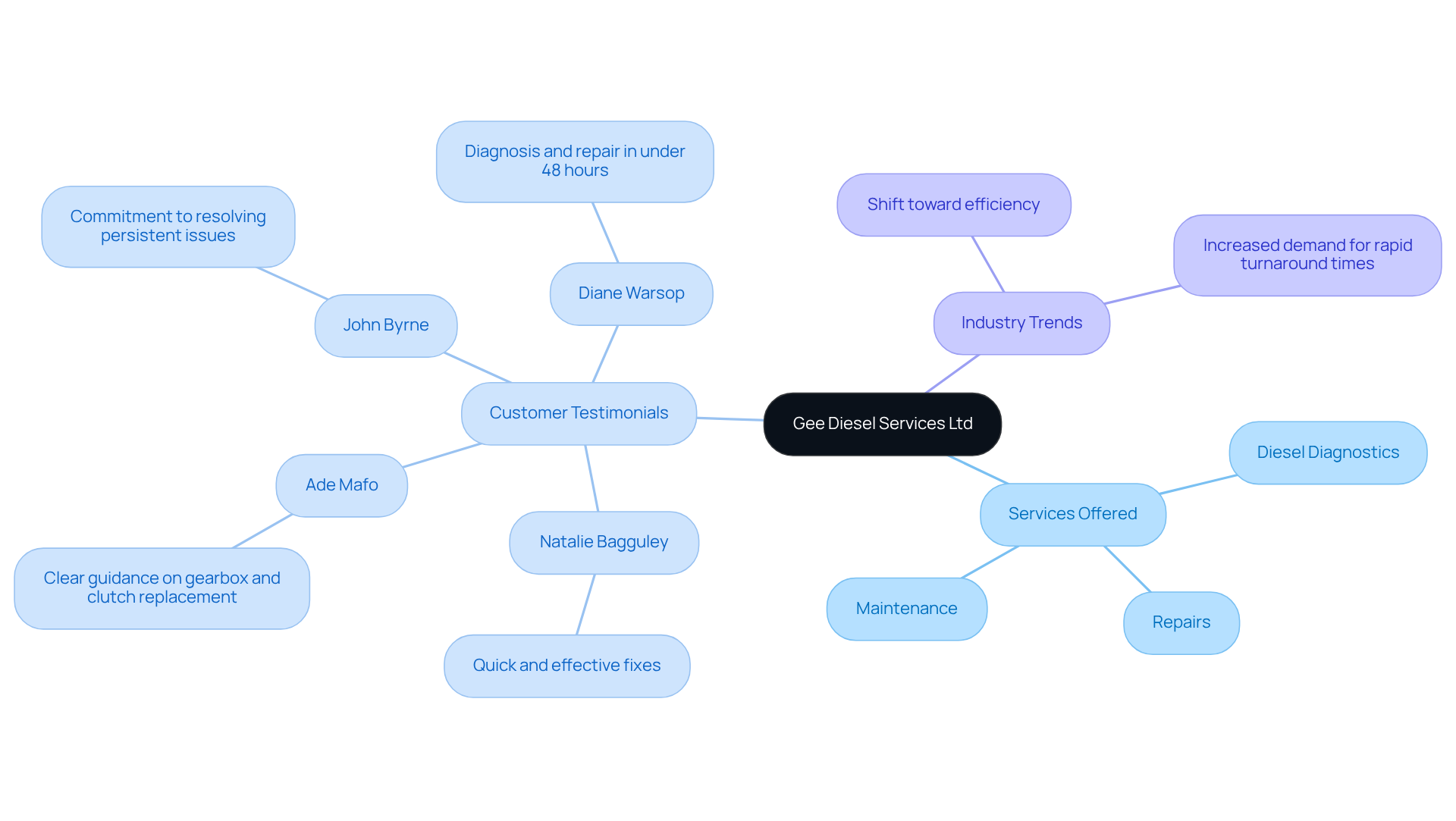 The center node represents the company. Branches show different areas of focus, like the services they provide and what customers are saying. Each testimonial highlights a specific customer's positive experience, illustrating the company's dedication to efficiency. The center node represents the company. Branches show different areas of focus, like the services they provide and what customers are saying. Each testimonial highlights a specific customer's positive experience, illustrating the company's dedication to efficiency.