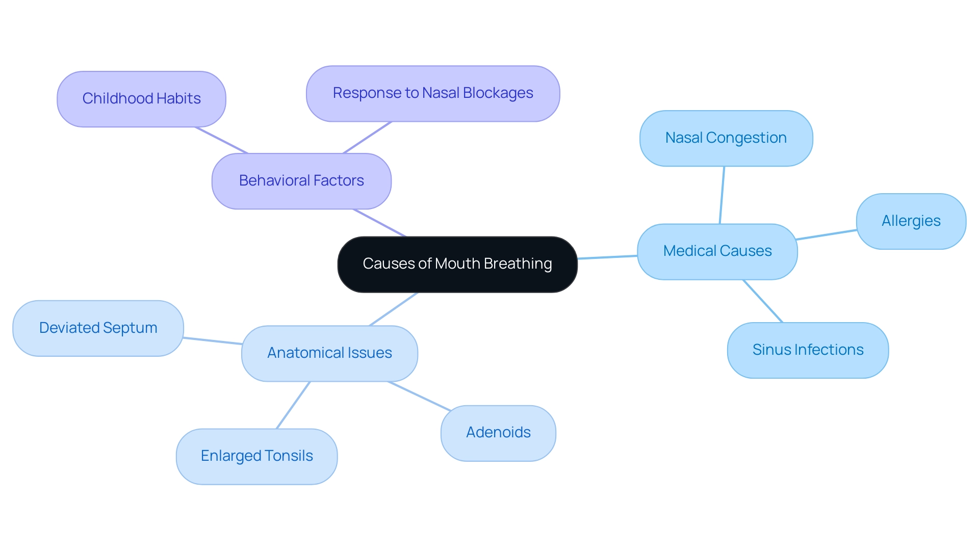 The central node represents mouth breathing, with branches for medical, anatomical, and behavioral causes, each color-coded for clarity.