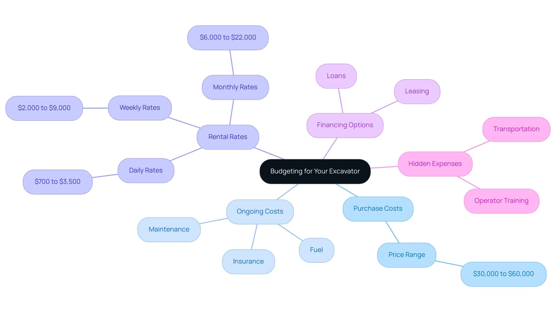 The central node represents the overall budget consideration, with branches showing various cost categories and financing options.