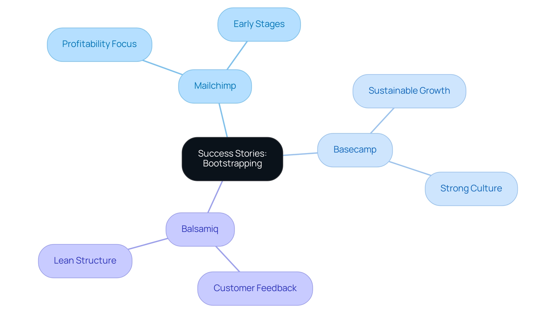 The central node represents the theme of bootstrapping, with branches showing individual companies and their respective success strategies.