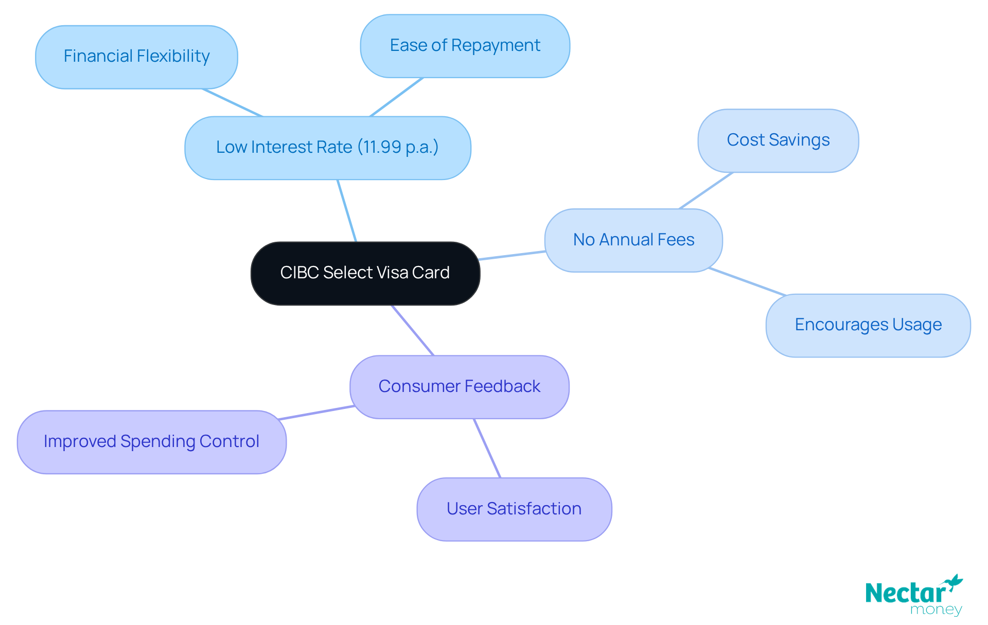 The center represents the CIBC Select Visa Card. Each branch shows different features and benefits, while further branches highlight user experiences and financial context, helping you understand how this card can fit into effective financial management.