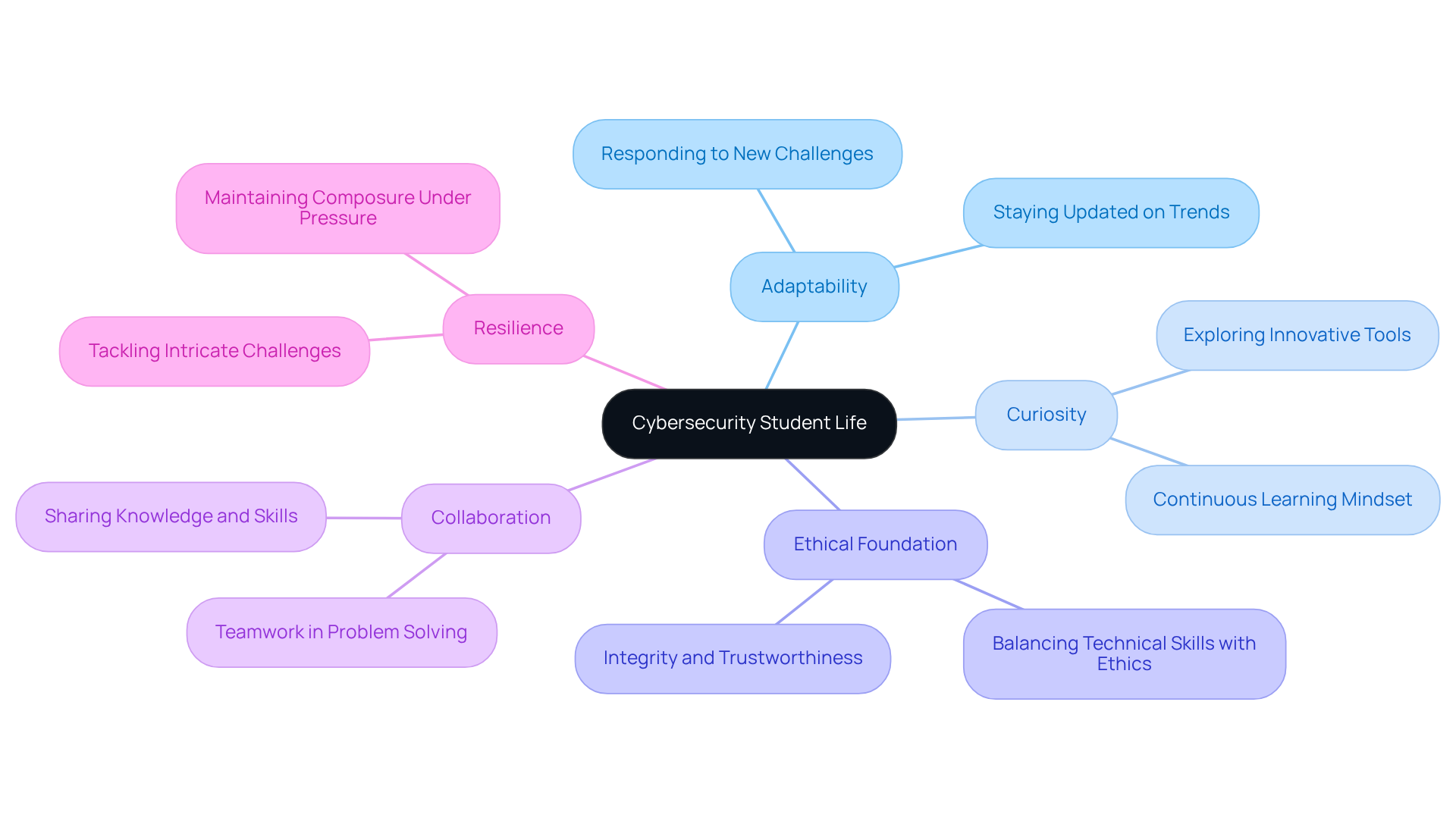 The central node represents the overall theme of cybersecurity student life, while each branch highlights a key characteristic. Sub-branches provide further details or examples, helping you understand the importance of each quality in the context of cybersecurity education. The central node represents the overall theme of cybersecurity student life, while each branch highlights a key characteristic. Sub-branches provide further details or examples, helping you understand the importance of each quality in the context of cybersecurity education.