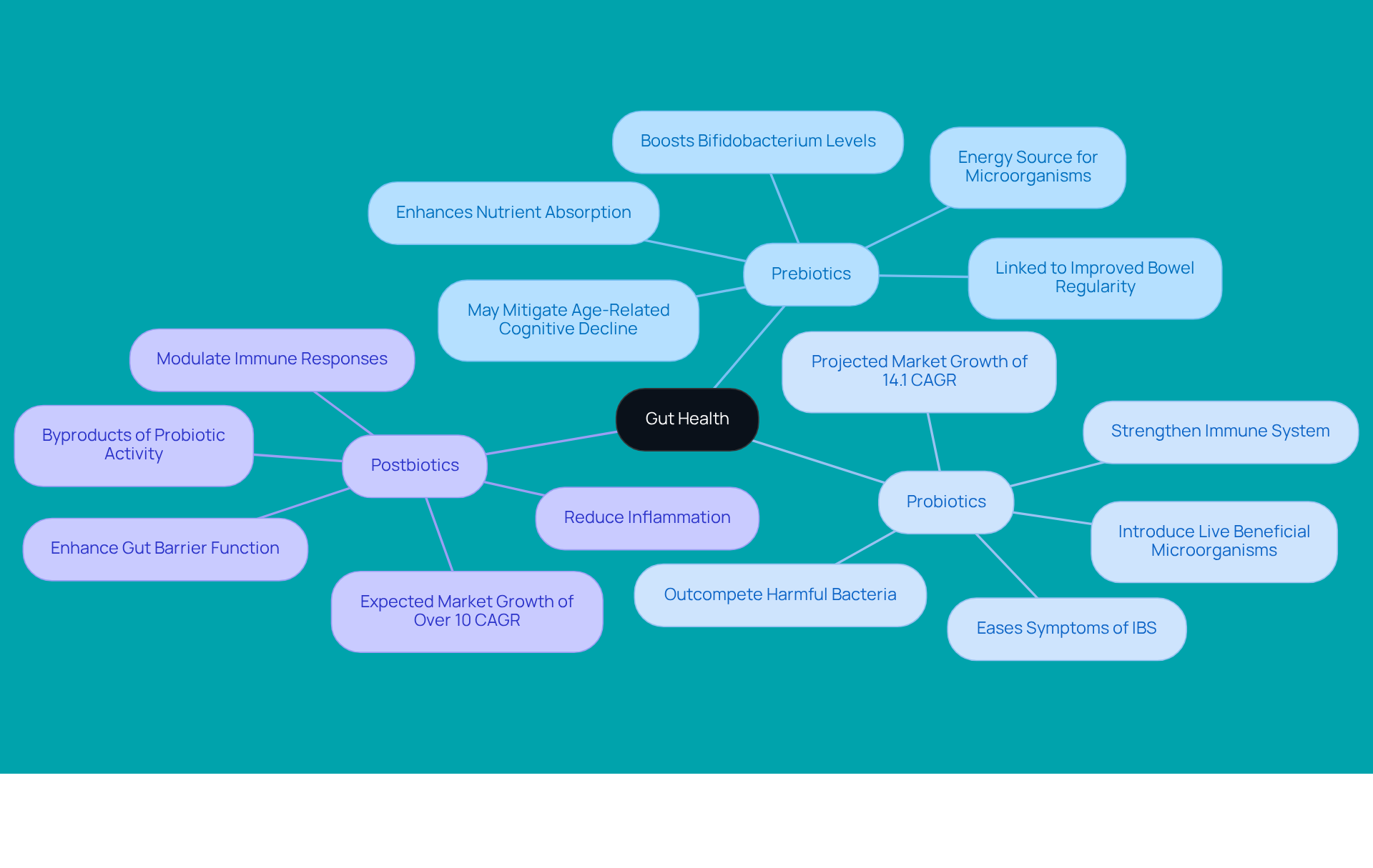 The central node represents overall gut health, while the branches show the three key components. Each sub-branch highlights specific benefits, making it easy to see how they work together to promote wellness.
