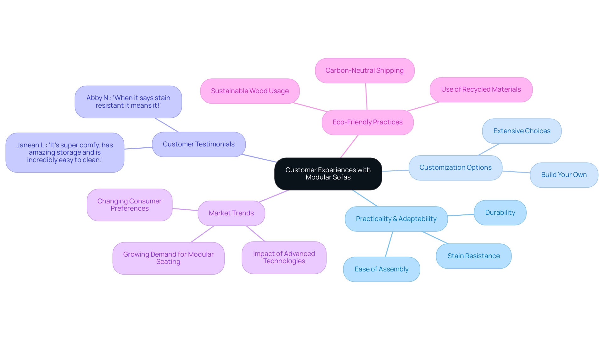 The central node represents the main topic, with branches showing key themes related to customer experiences, product features, and market trends.