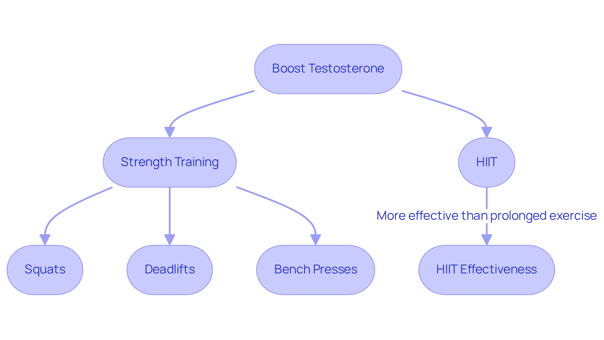 This flowchart shows how different types of exercise can help increase testosterone levels. Follow the arrows to see how strength training and HIIT contribute to your hormonal health.